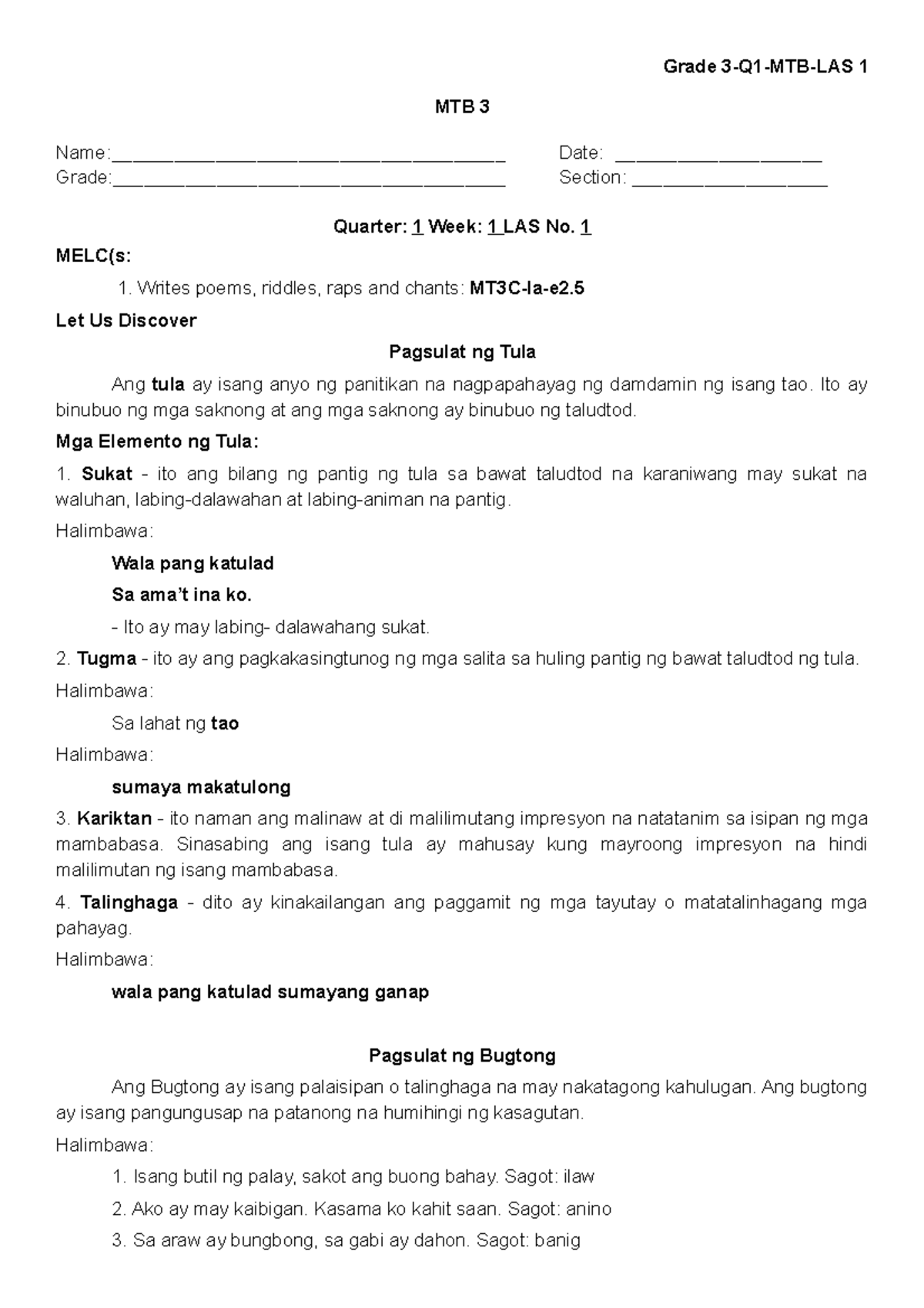 Grade 3-Q1-MTB-LAS 1 - LAS - Grade 3-Q1-MTB-LAS 1 MTB 3 Name ...