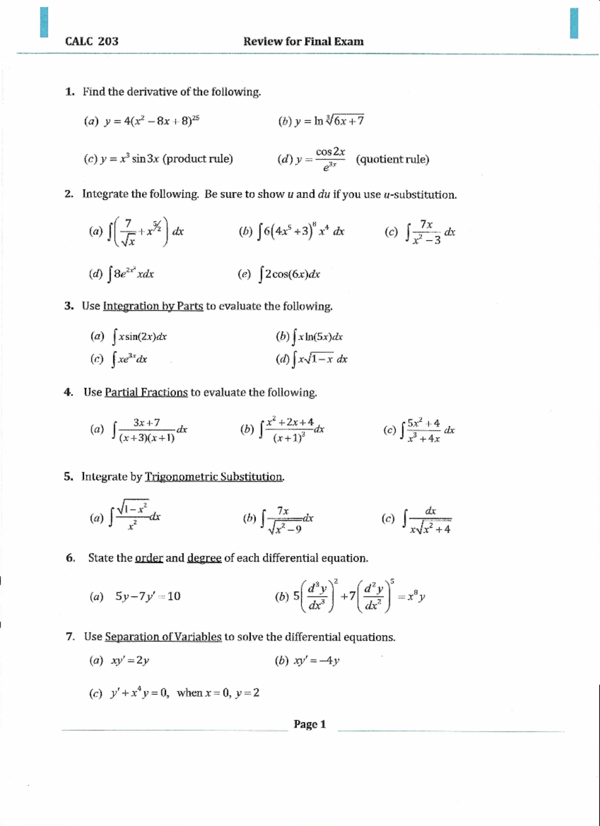 Finalexamreview - FINAL EXAM PRACTICE WITH ANSWERS - CALC 203 I I ...