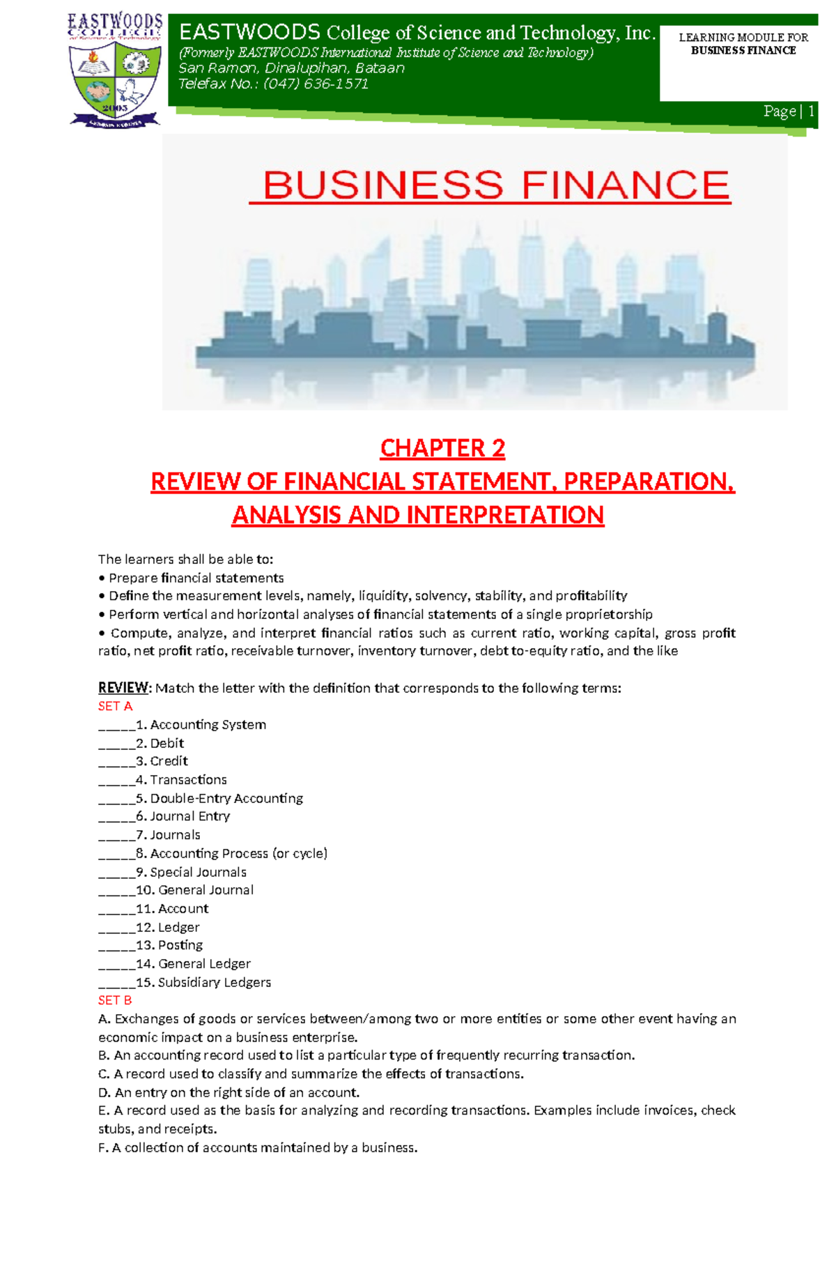 Module - Business Finance Lesson 4-6 - (Formerly EASTWOODS ...