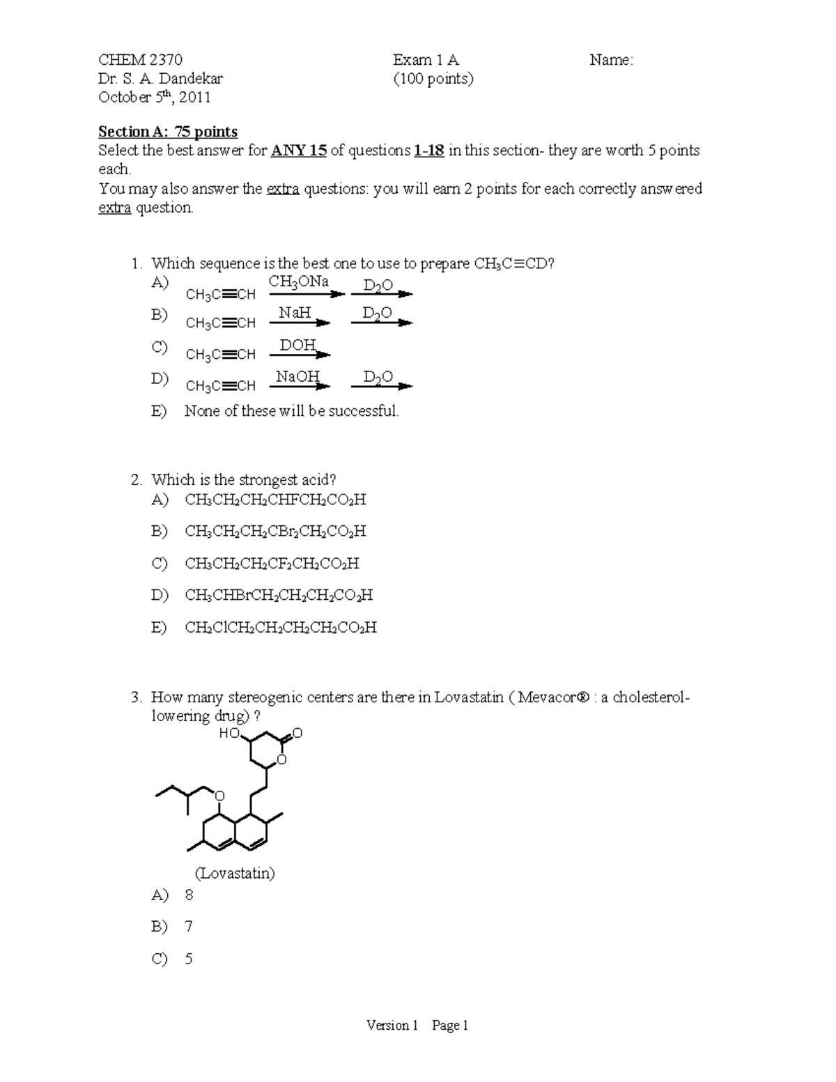 Exam 1 F11 2370-A - Exam 1 review - CHEM 2370 Exam 1 A Name: Dr. S. A ...