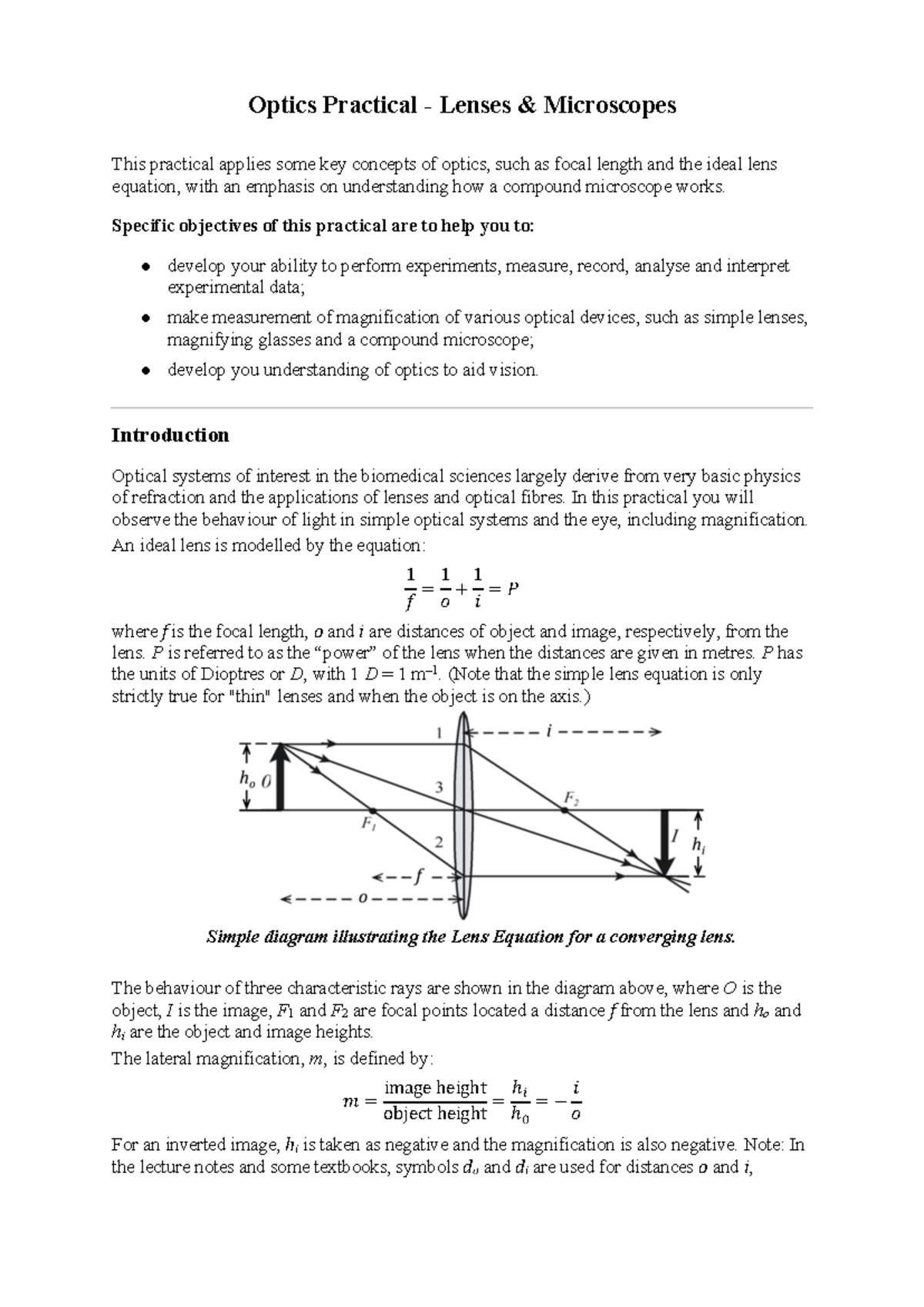 1031 Week 12 - Optics Practical - Optics Practical - Lenses & Microscopes This practical applies ...
