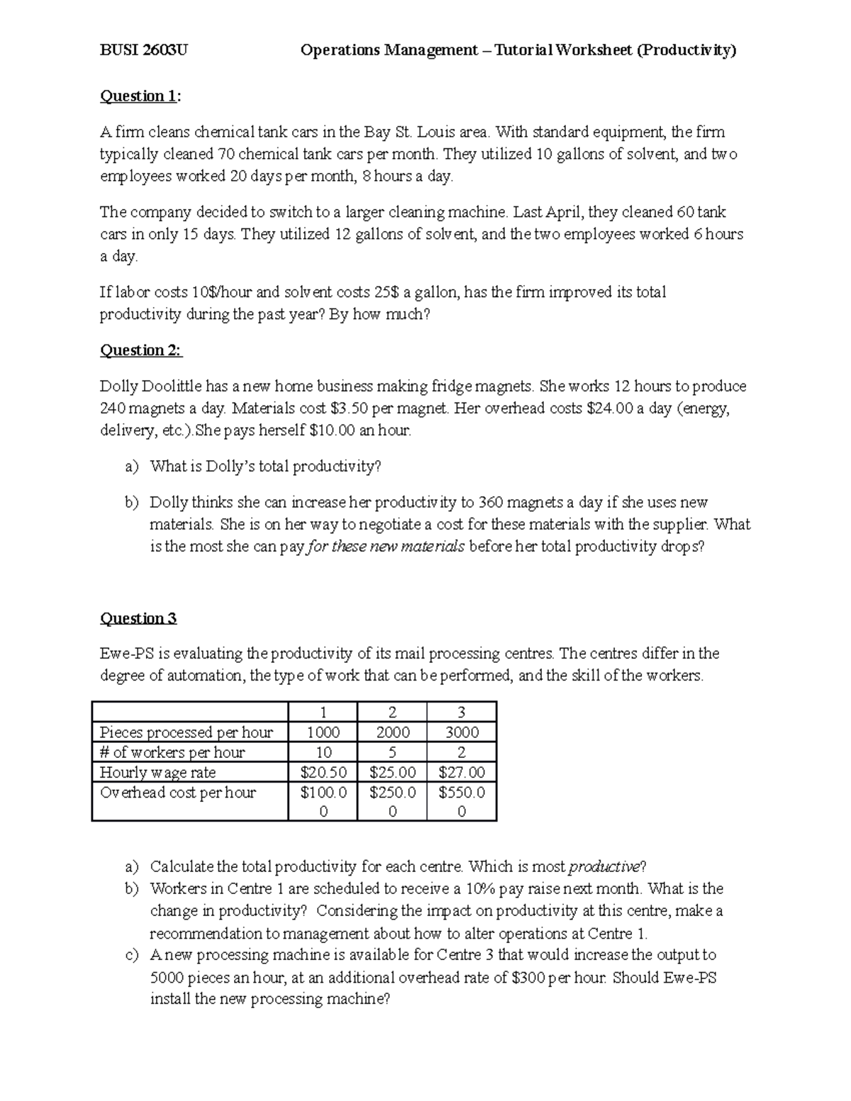 Tutorial HO - Productivity - BUSI 2603U Operations Management ...