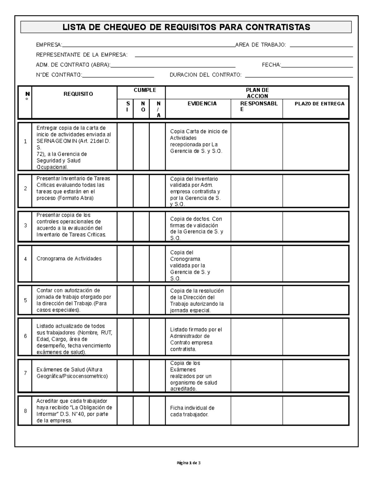 Lista DE Chequeo Checklist Carpeta DE Arranque - EMPRESA: AREA DE ...