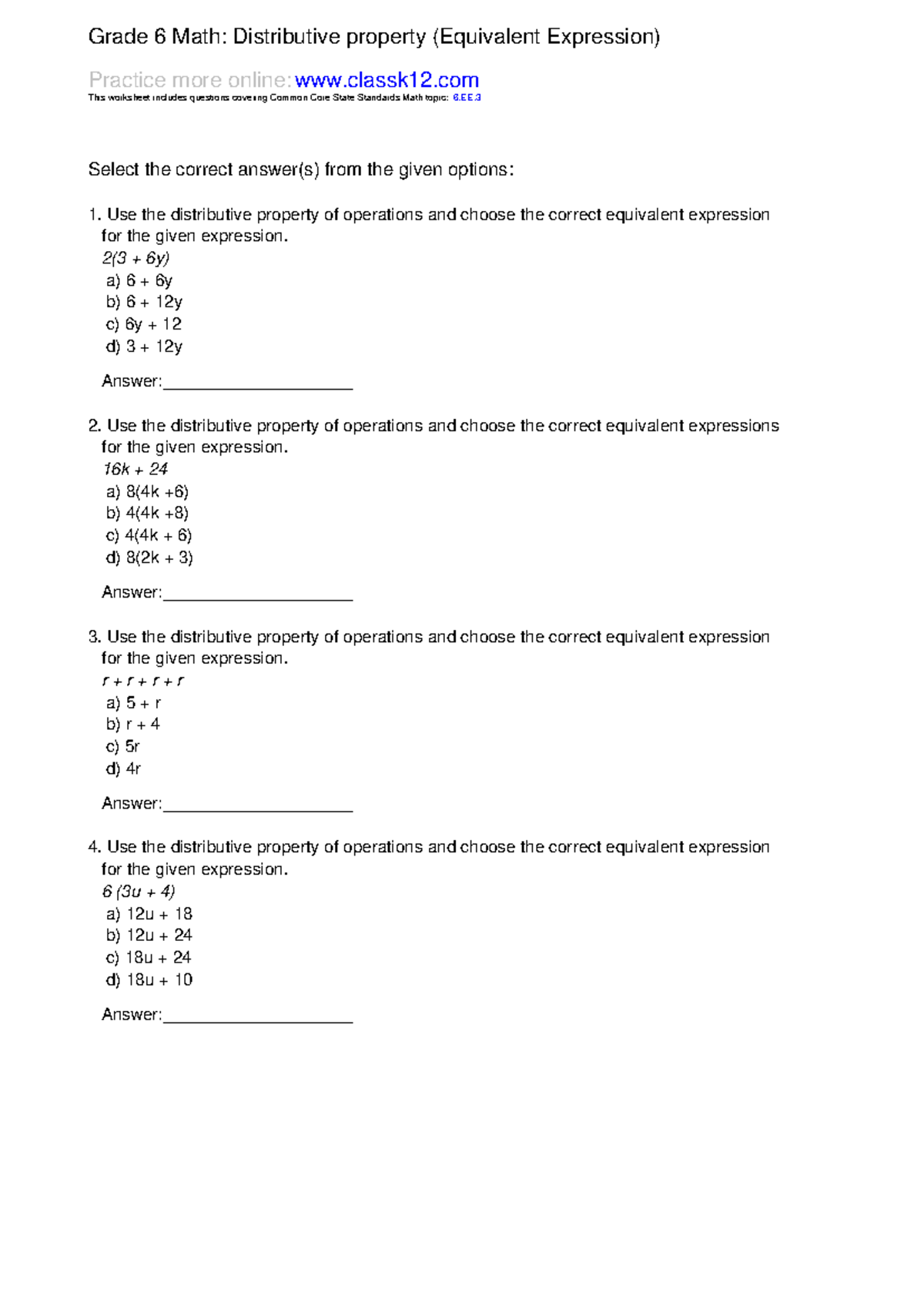 Distributive property practice - Grade 6 Math: Distributive property ...