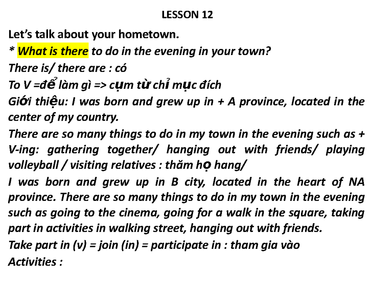 speaking english - ####### LESSON 12 Let’s talk about your hometown ...