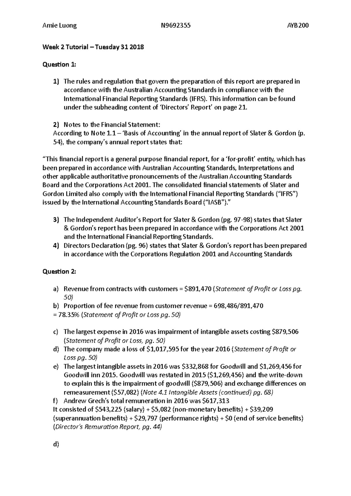 AYB200 Week 2 Tutorial - Amie Luong N9692355 AYB Week 2 Tutorial – Tuesday 31 2018 Question 1 ...