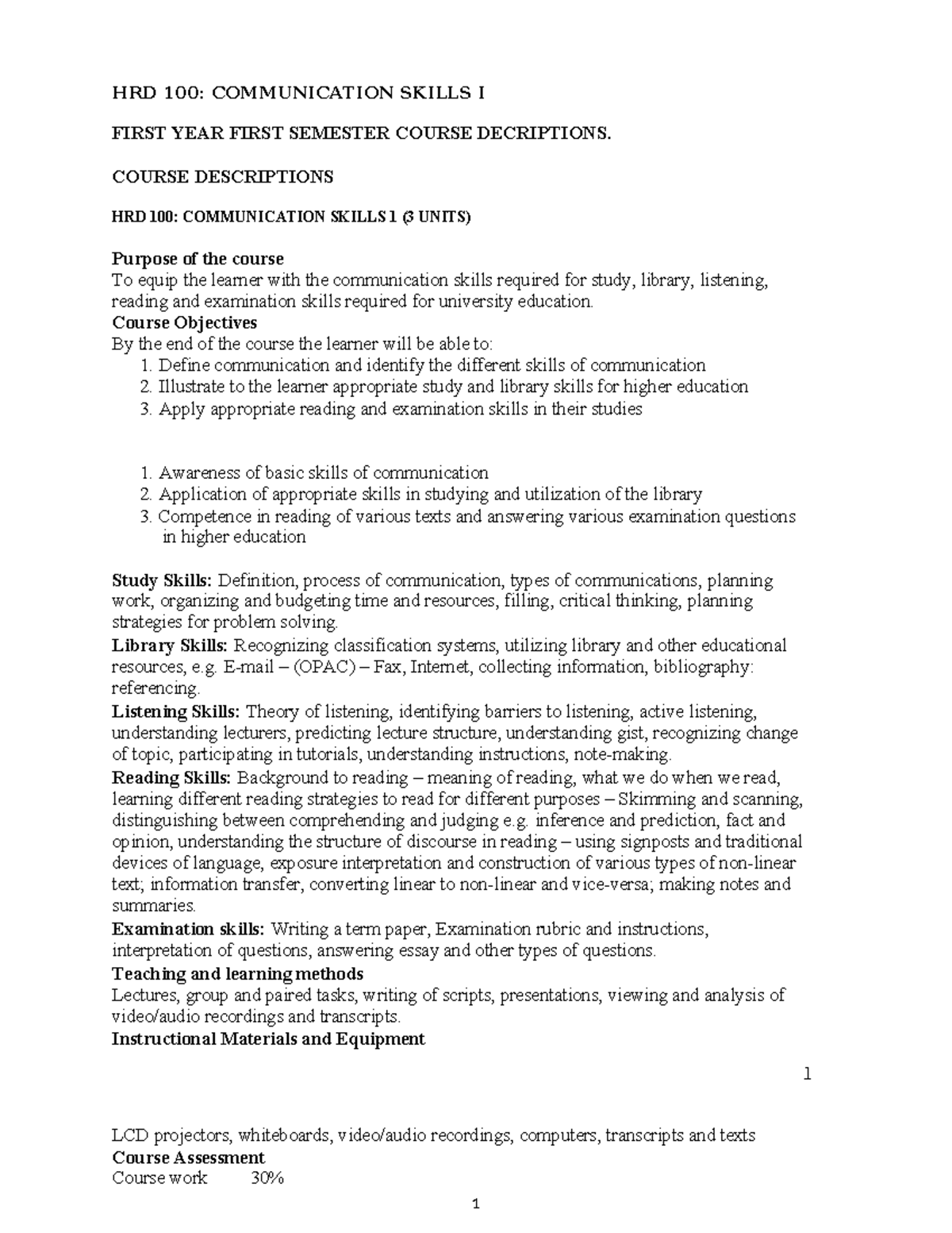 HRD 100 Communication Skills I - HRD 100: COMMUNICATION SKILLS I FIRST ...