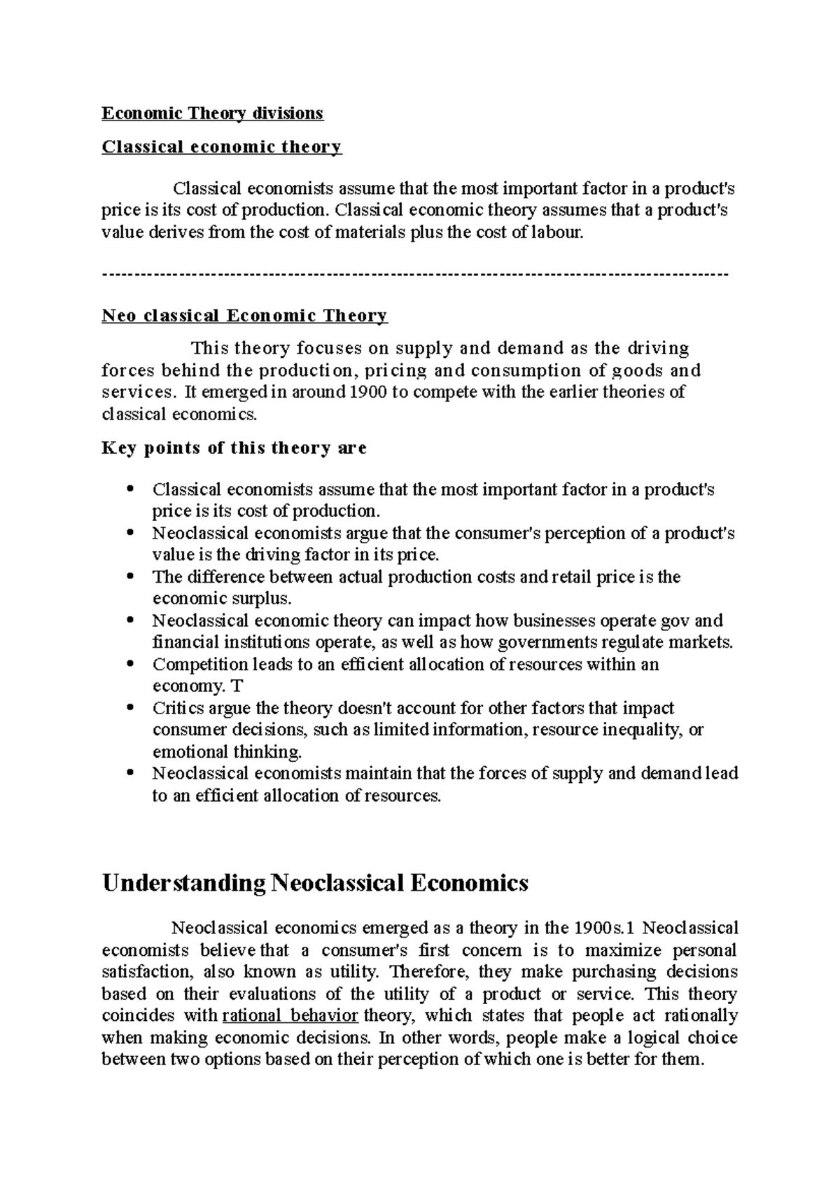 Economic theory divisions - Economic Theory divisions Classical ...