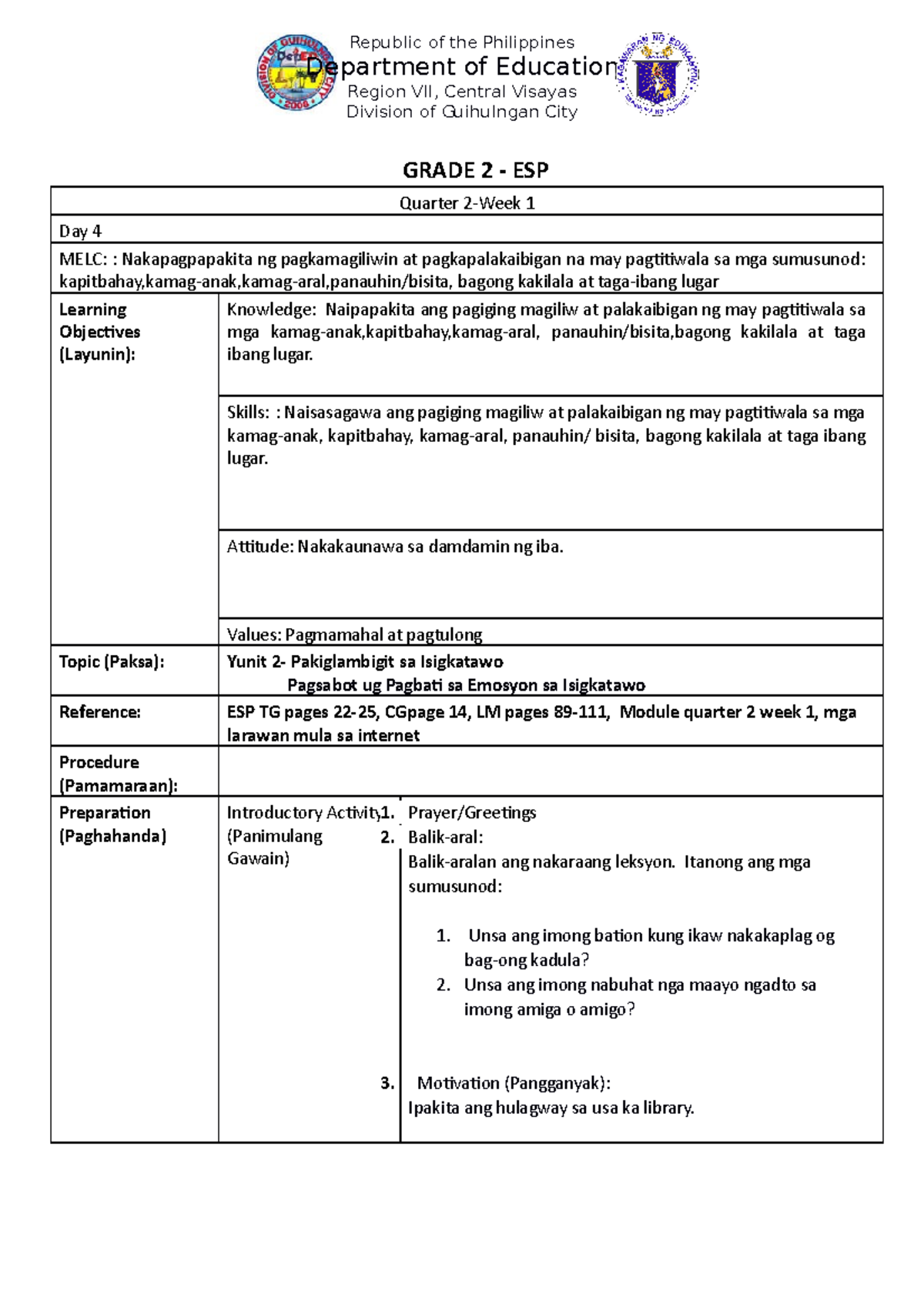 Guihulngan City ESP2 Q2 PLP1D4 v - Republic of the Philippines Department of Education Region ...
