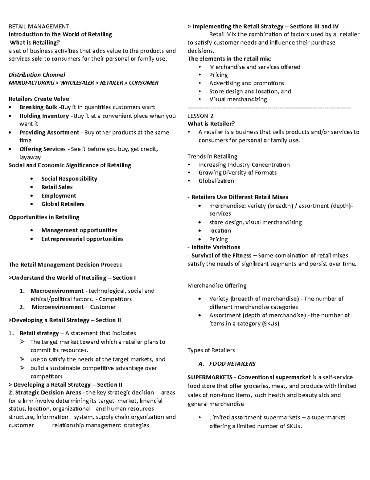 RETAIL MANAGEMENT REVIEWER MIDTERM - RETAIL MANAGEMENT Introduction to ...