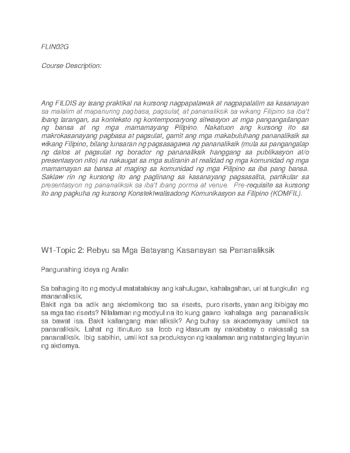 FILIPINO DOCUMENT MIDTERMS LECTURE NOTE - FLIN02G Course Description ...