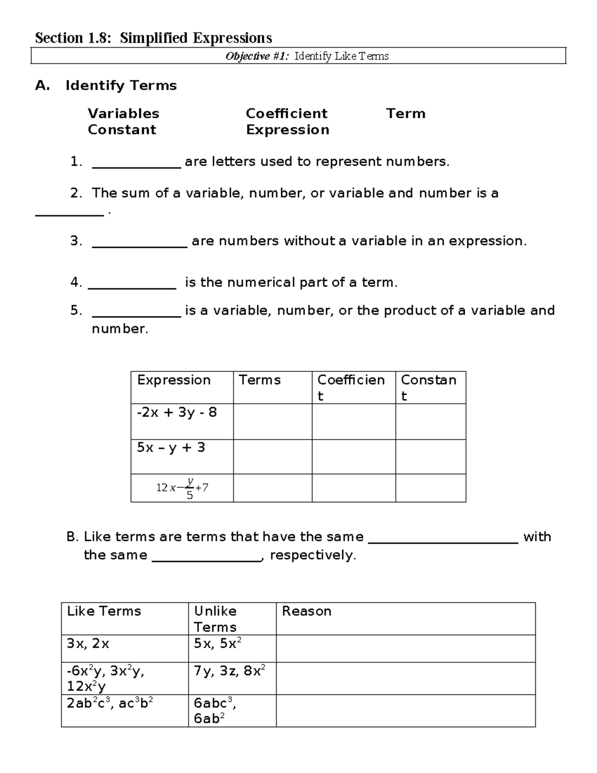 1.8 Simplified Expressions - Section 1: Simplified Expressions ...
