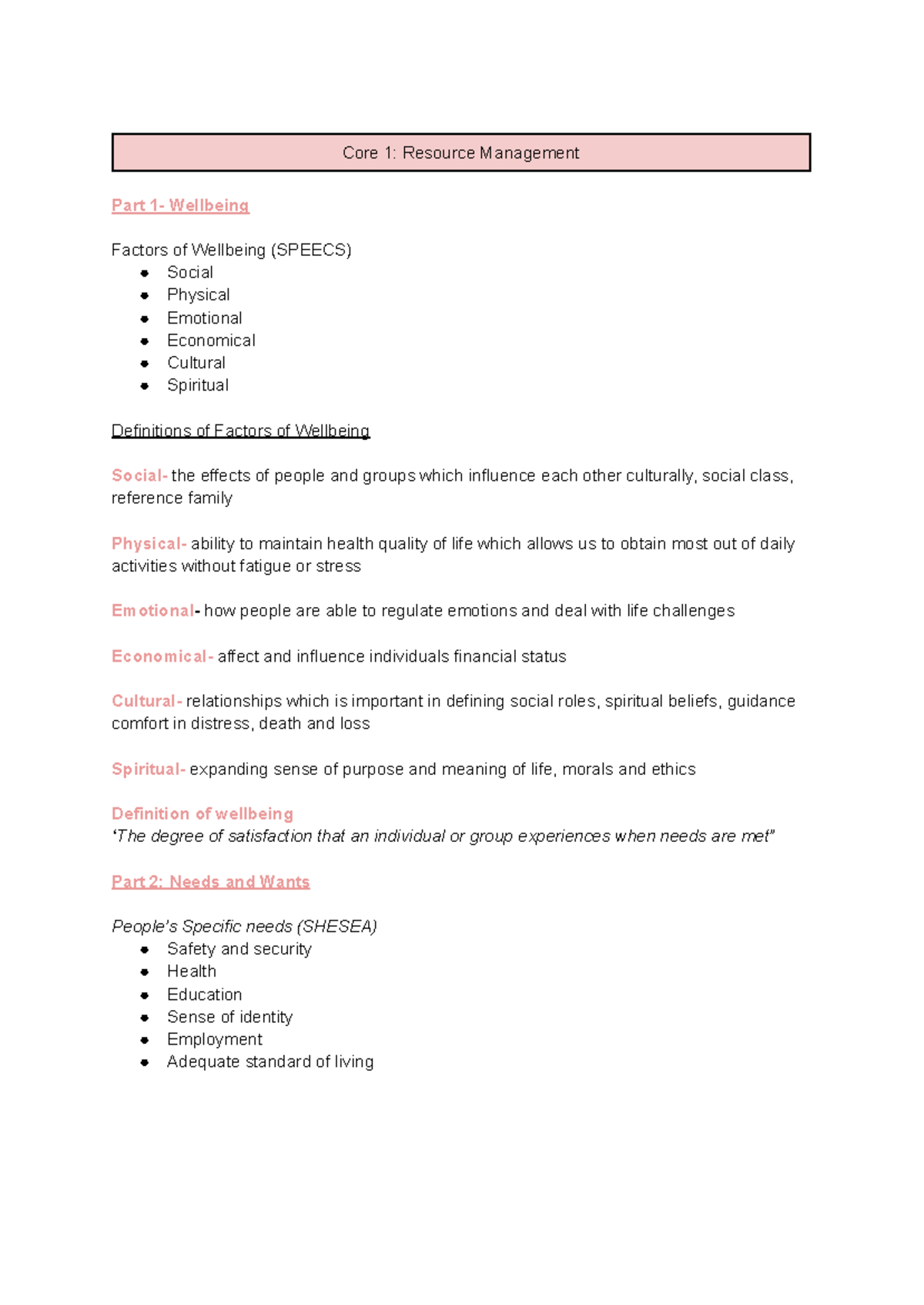 CAFS Prelim notes - Core 1: Resource Management Part 1- Wellbeing ...