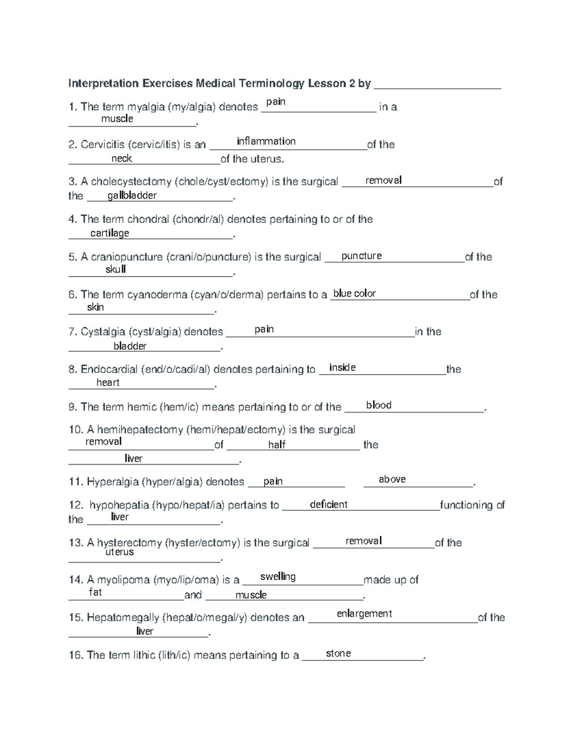 Medical Core terminology L-2 excersises 1-25 - Interpretation Exercises ...