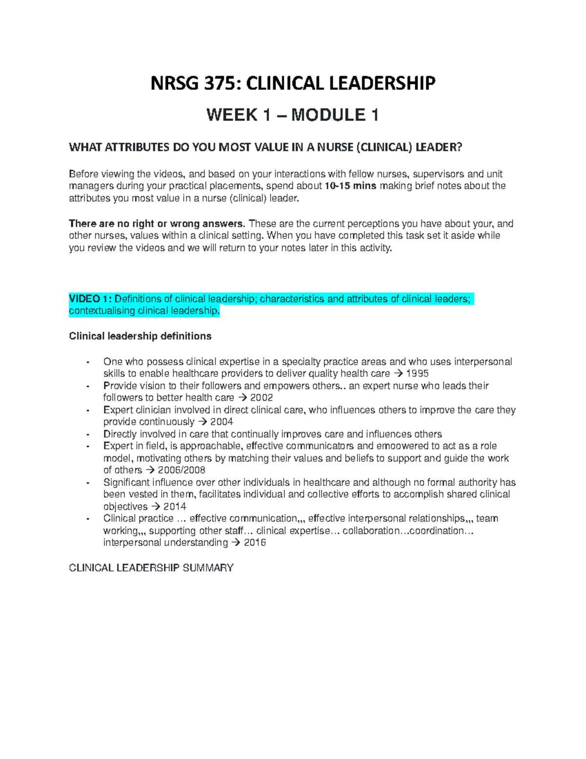 NRSG 375 notes - NRSG 375: CLINICAL LEADERSHIP WEEK 1 – MODULE 1 WHAT ...