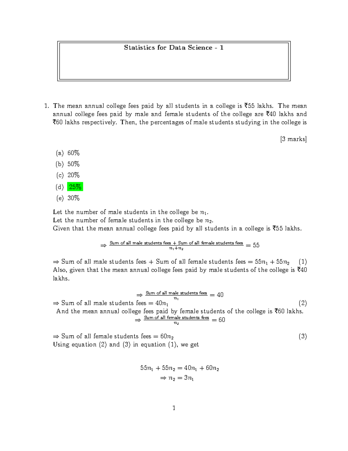 Mock Test-1 Solution Jan24 Qualifier - Statistics for Data Science - 1 ...