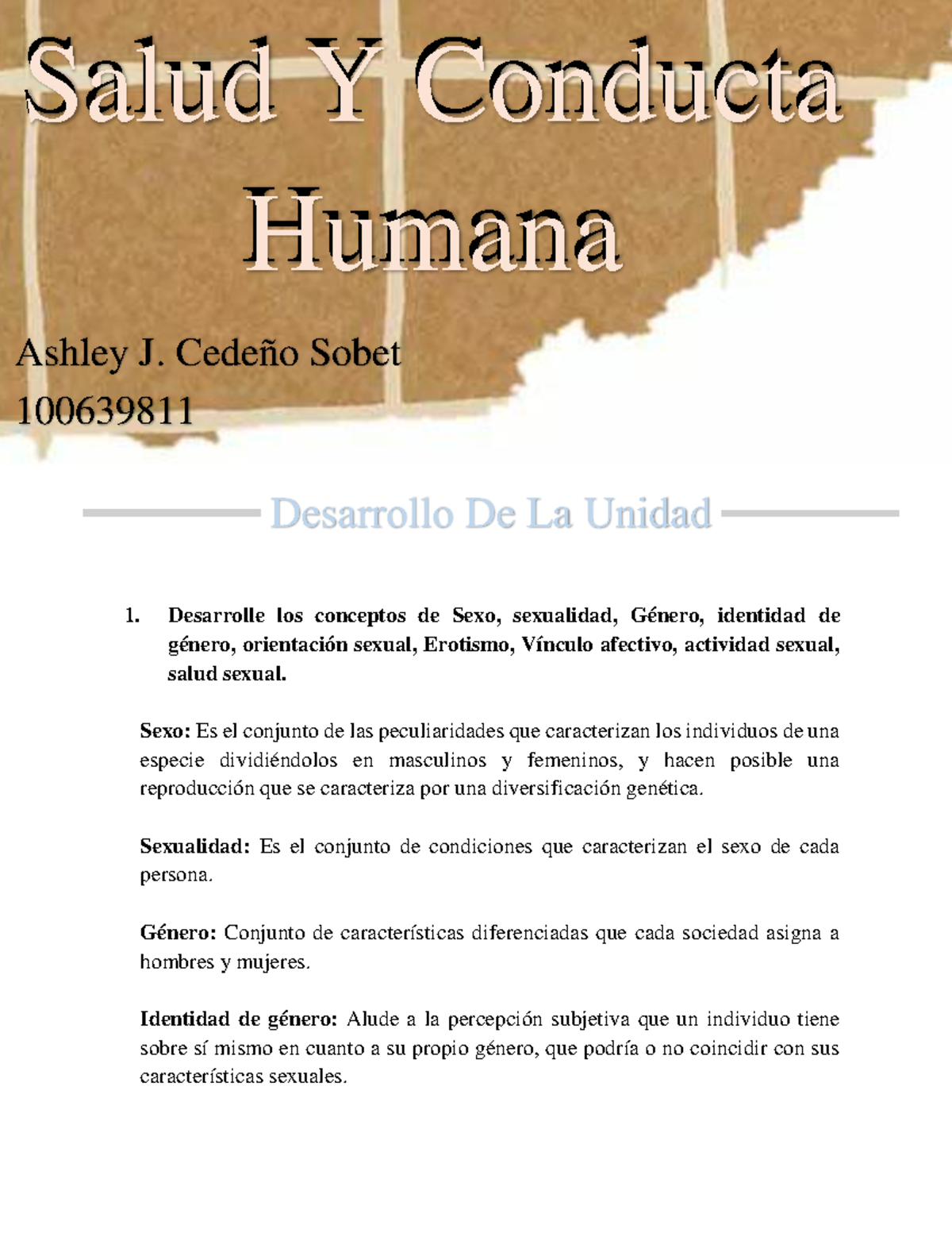 Sexualidad Humana Y Salud 1 Desarrolle Los Conceptos De Sexo