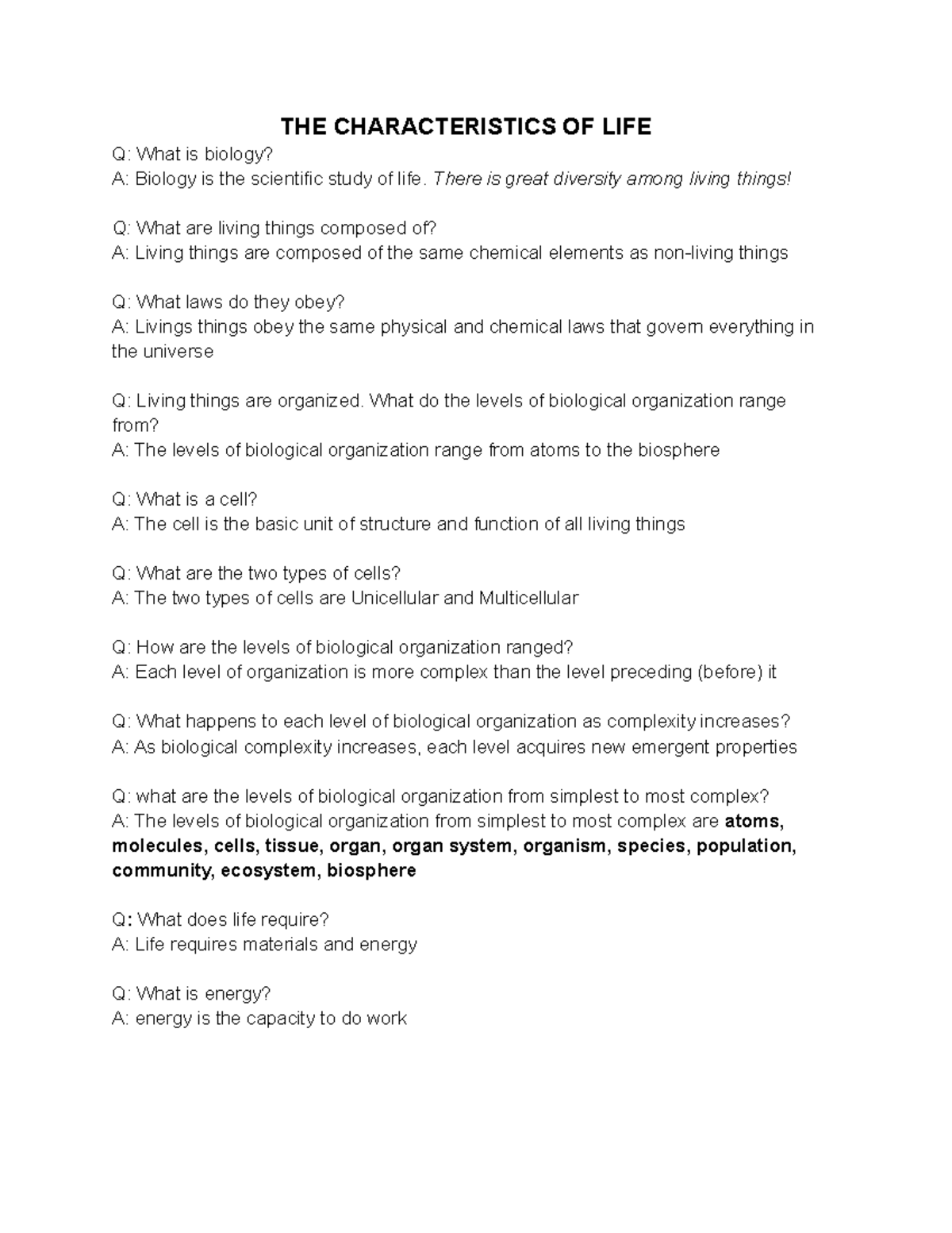 Ch 1 Class Notes THE CHARACTERISTICS OF LIFE Q What Is Biology A