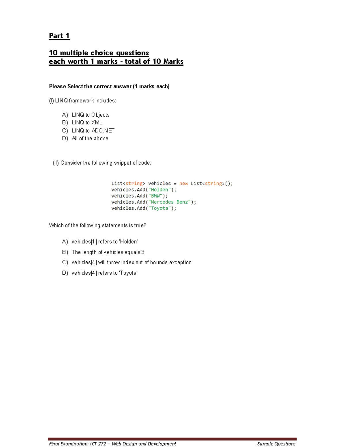Exam Format and Sample Question - Final Examination: ICT 272 – Web ...