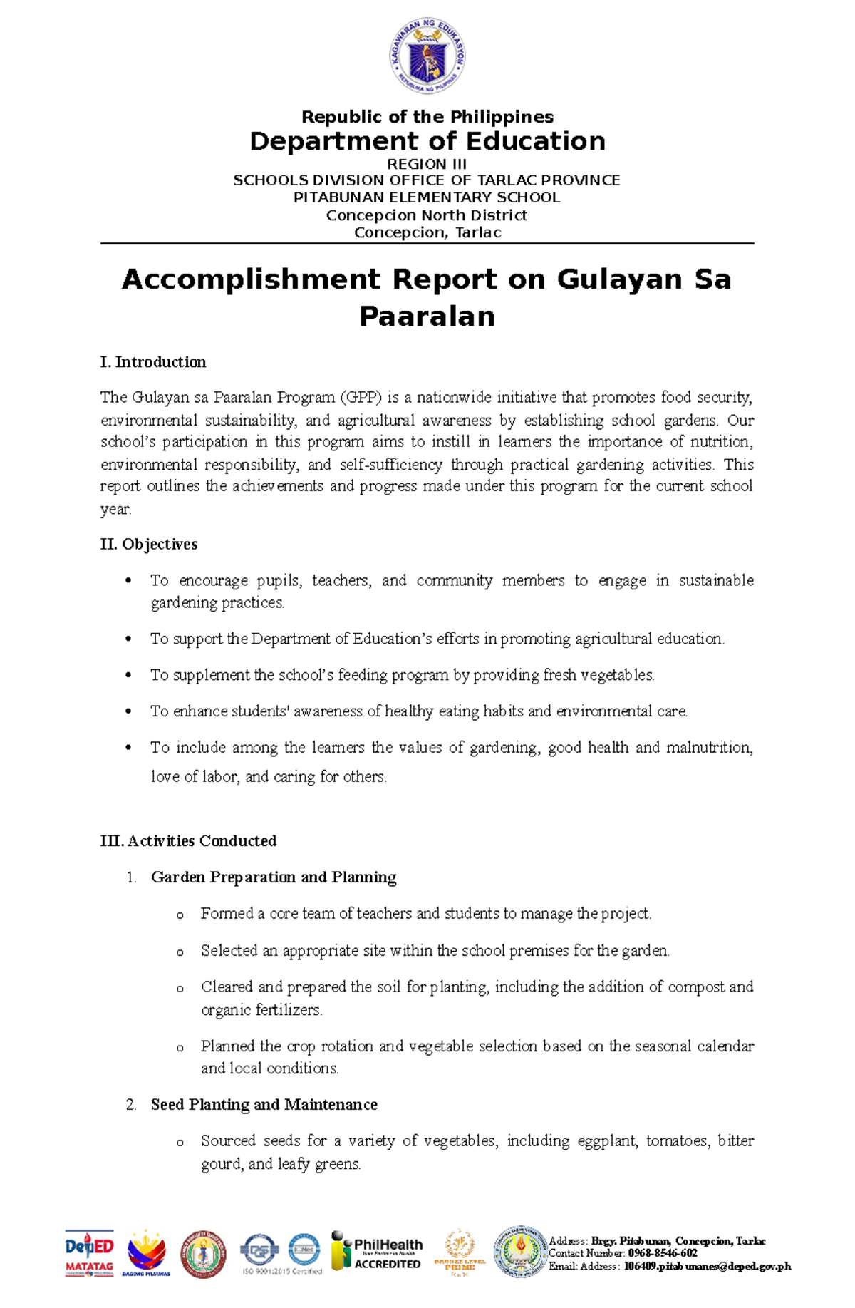 Accomplishment Report on Gulayan Sa Paaralan 2023-2024 - Department of ...