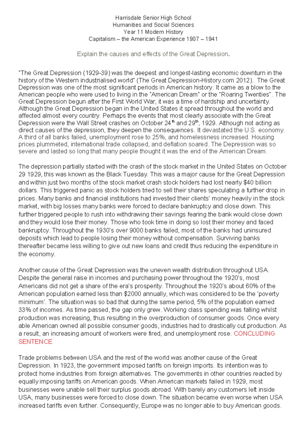 Essay on causes and effects of the Great Depression - “The Great ...