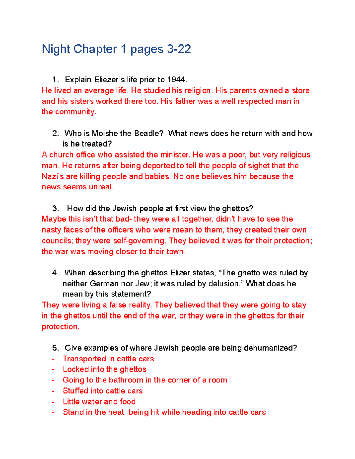 12 - Book Questions - Night Chapter 1 pages 3- Explain Eliezer’s life ...