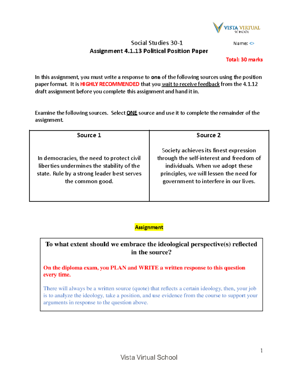 Copy of 4.1.13 Political Position Paper - Social Studies 30-1 Name ...