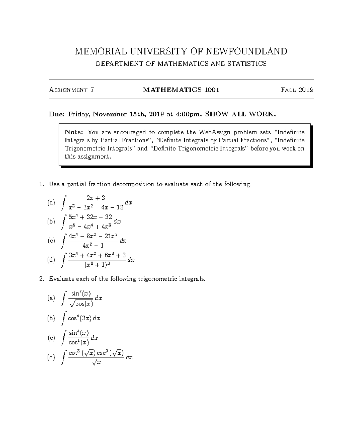 Assignment 7 2019 - Math 1001 MUN - MEMORIAL UNIVERSITY OF NEWFOUNDLAND ...