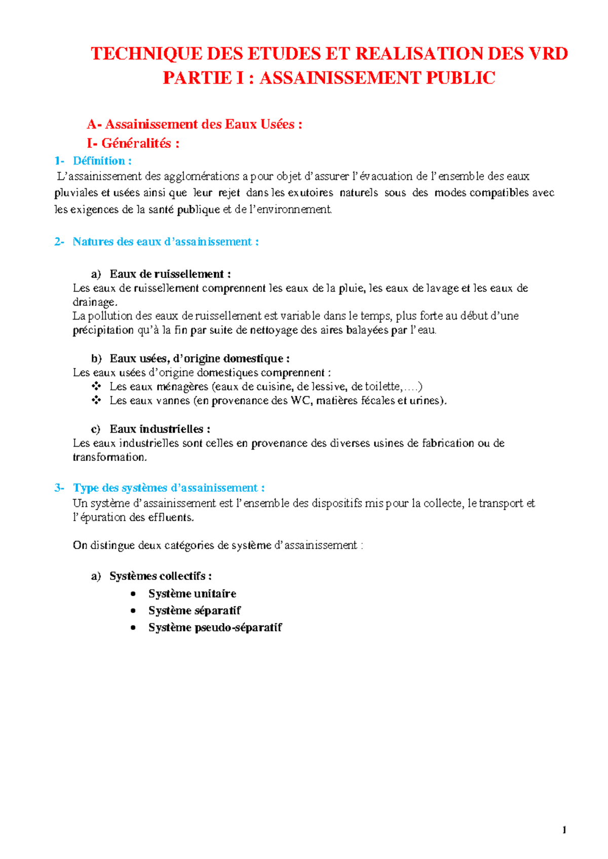 TER-VRD partie Assainissement-EU - TECHNIQUE DES ETUDES ET REALISATION DES VRD PARTIE I : - Studocu