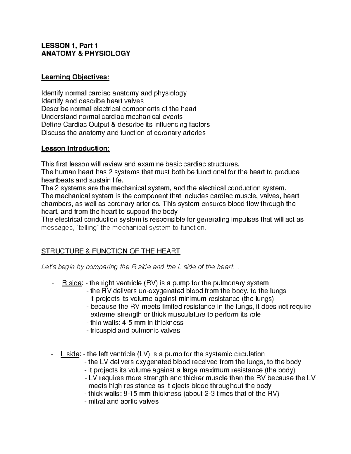 Lesson 1, Part 1 - intro to anatomy of heart - LESSON 1, Part 1 ANATOMY ...