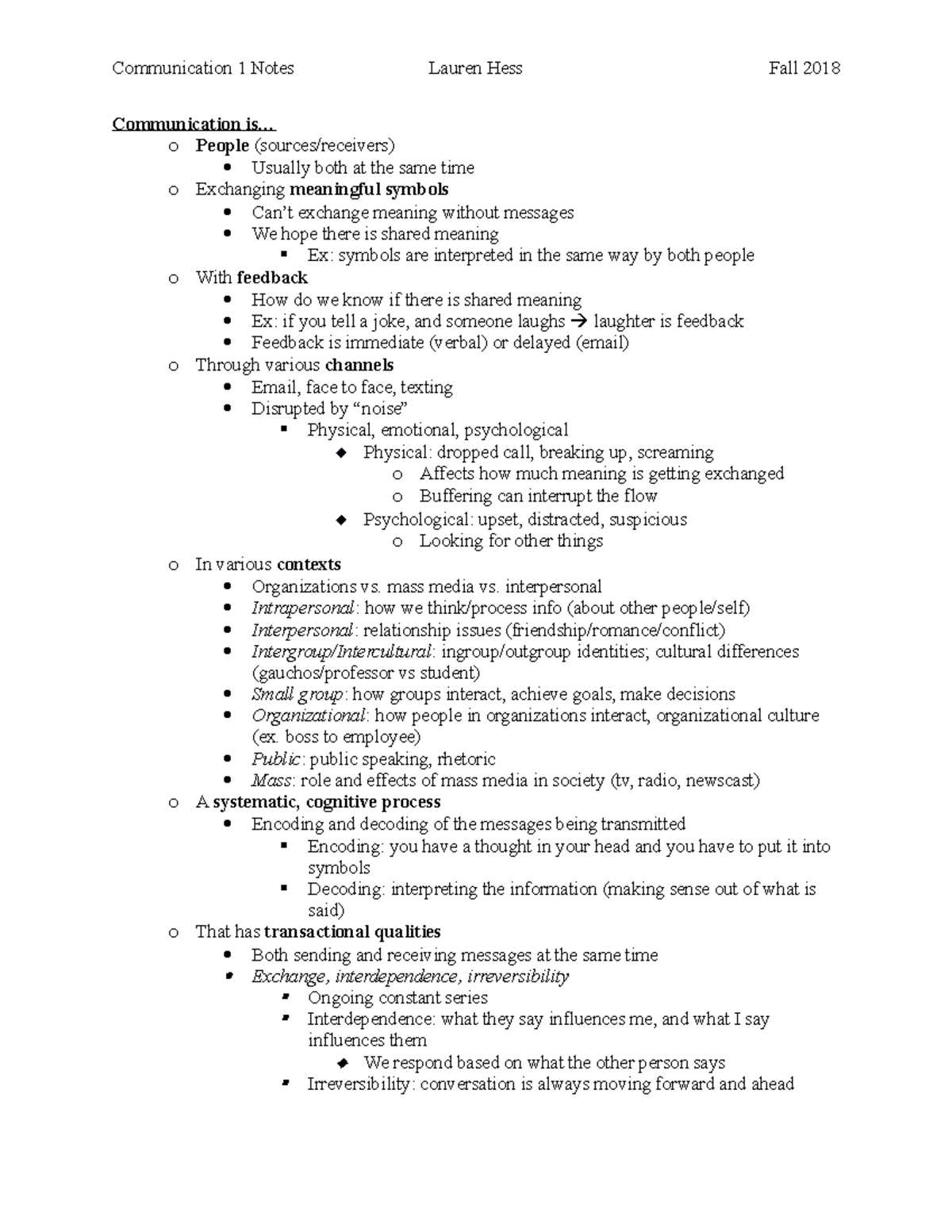 COMM 1 Lecture Notes - Communication is... o People (sources/receivers ...