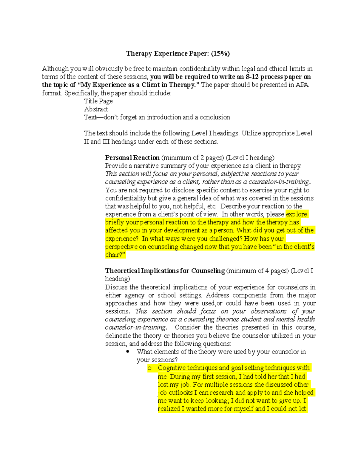 Therapy Experience Paper - ” The paper should be presented in APA ...