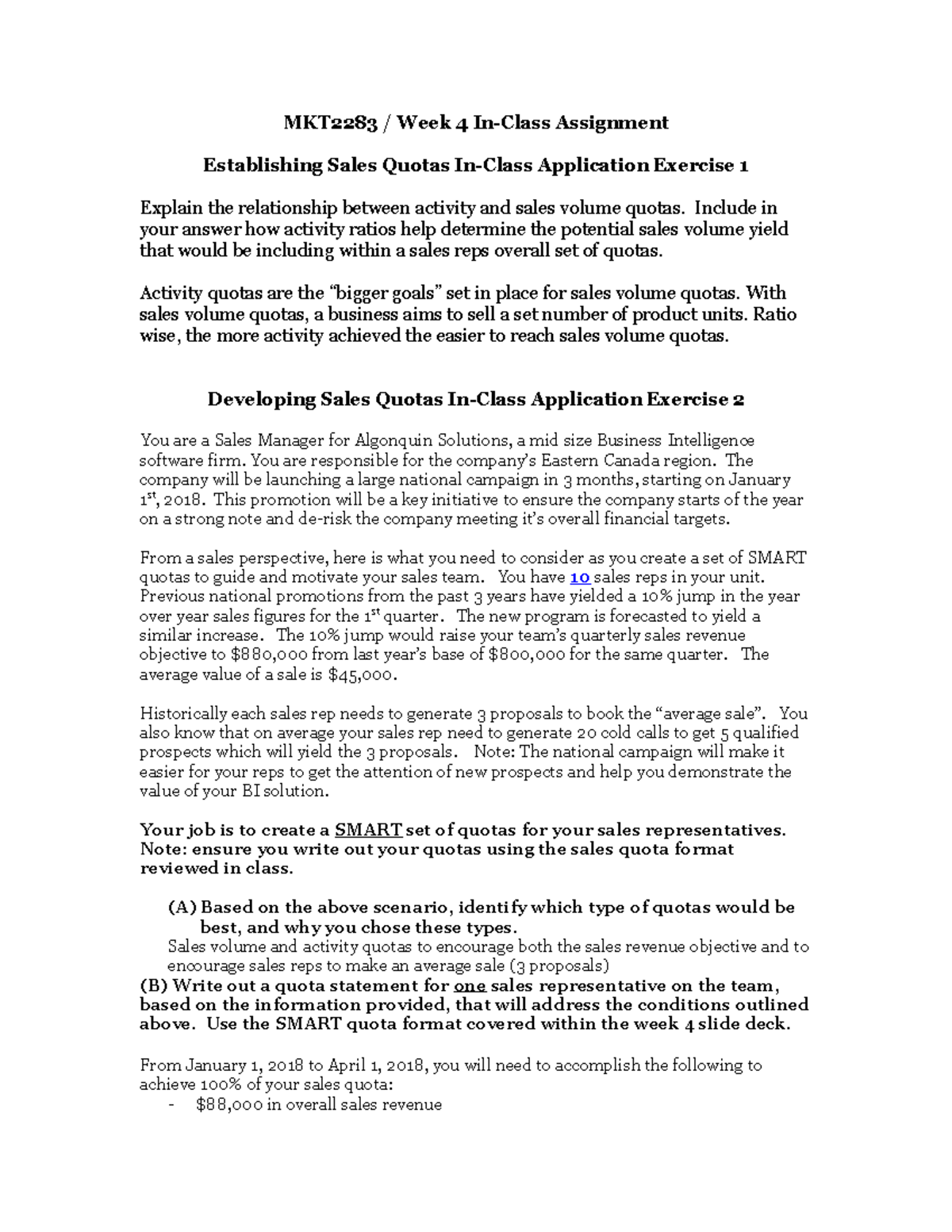 MKT2283 Sales Management Week 4 Sales Quota Assignment Instructions ...