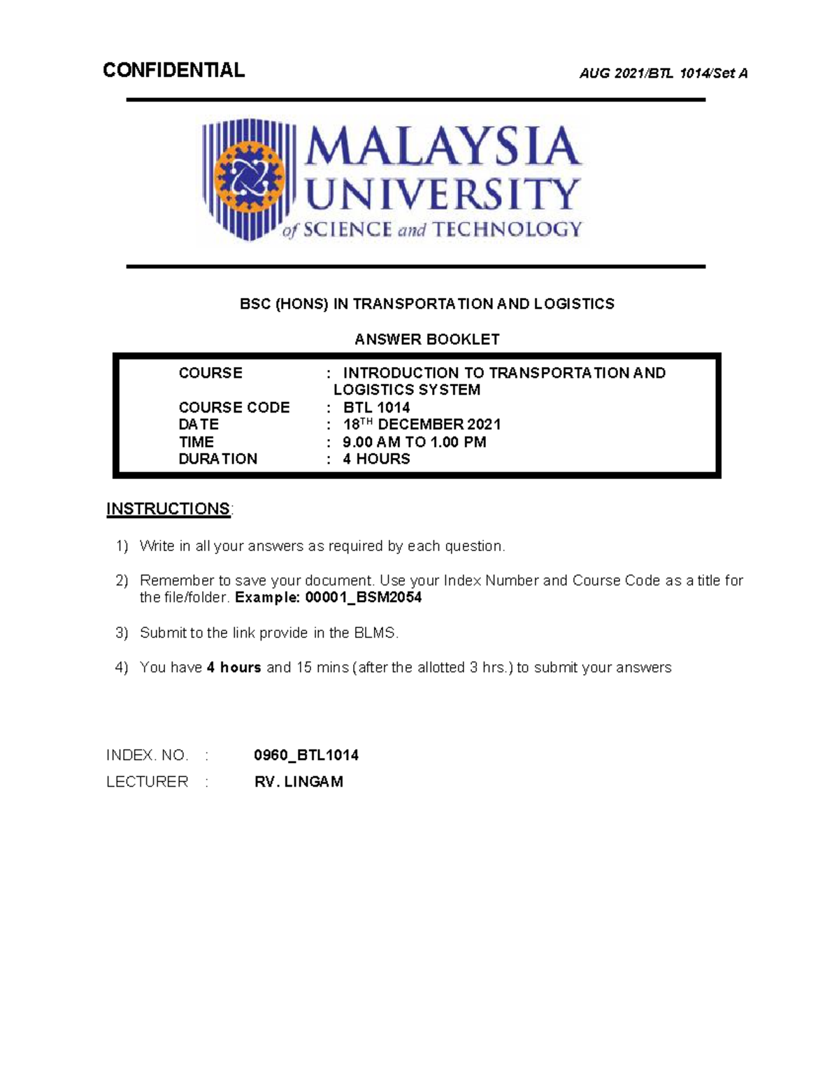 Answer Booklet BTL1014 Intro Trans l OG System MR Lingam - AUG 2021/BTL ...