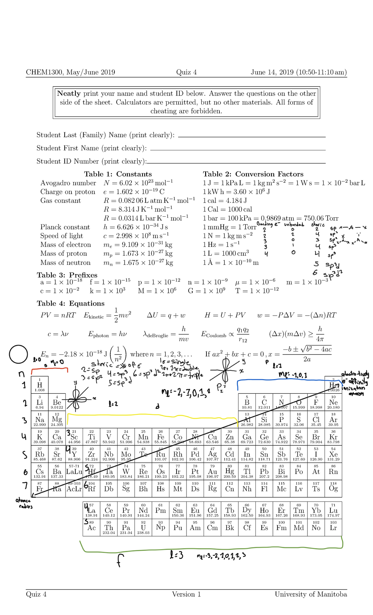Annotated periodic table - CHEM1300, May/June 2019 Quiz 4 June 14, 2019 ...