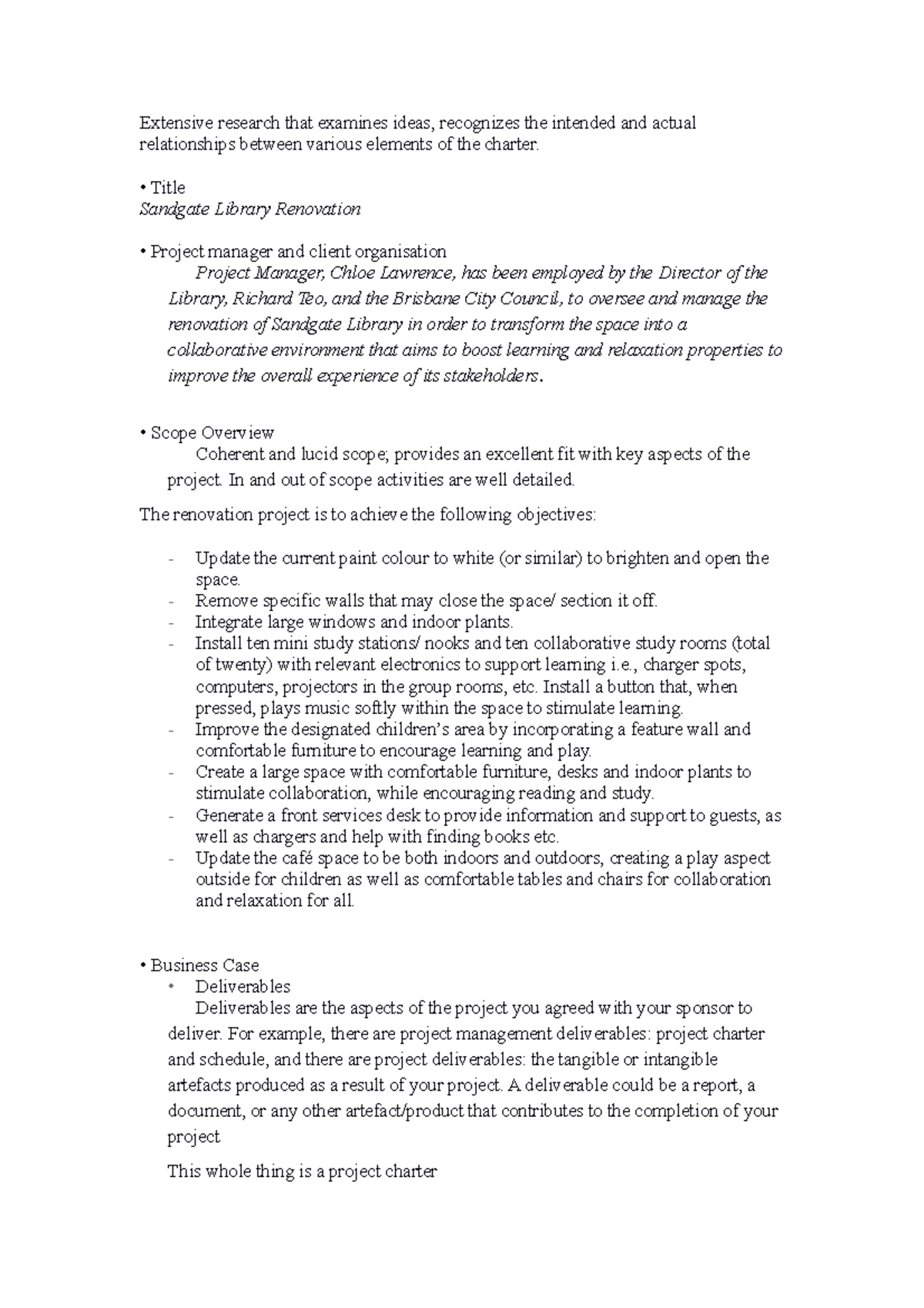 Project Charter - Assessment 1 - Extensive research that examines ideas ...