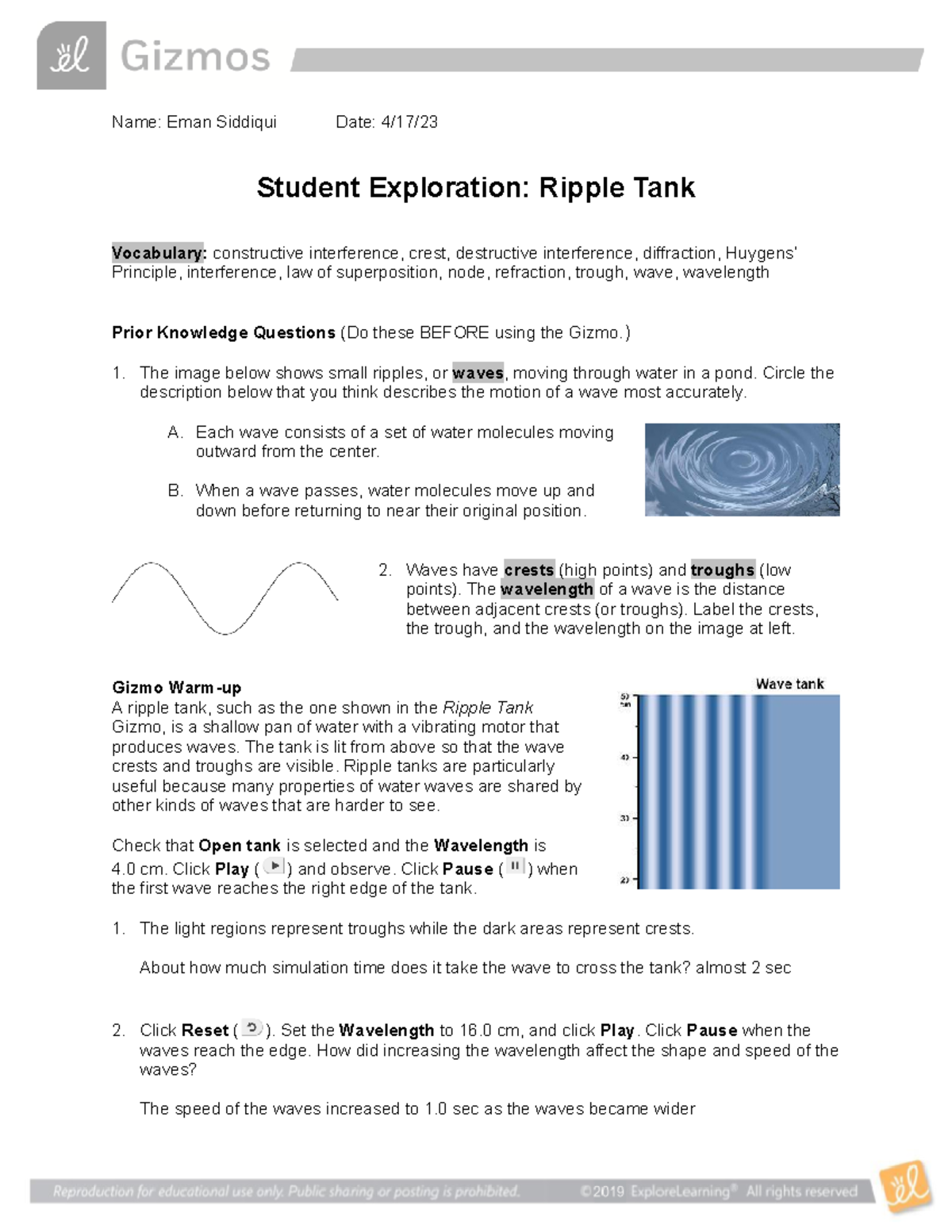Ripple Tank Gizmos - Name: Eman Siddiqui Date: 4/17/ Student ...