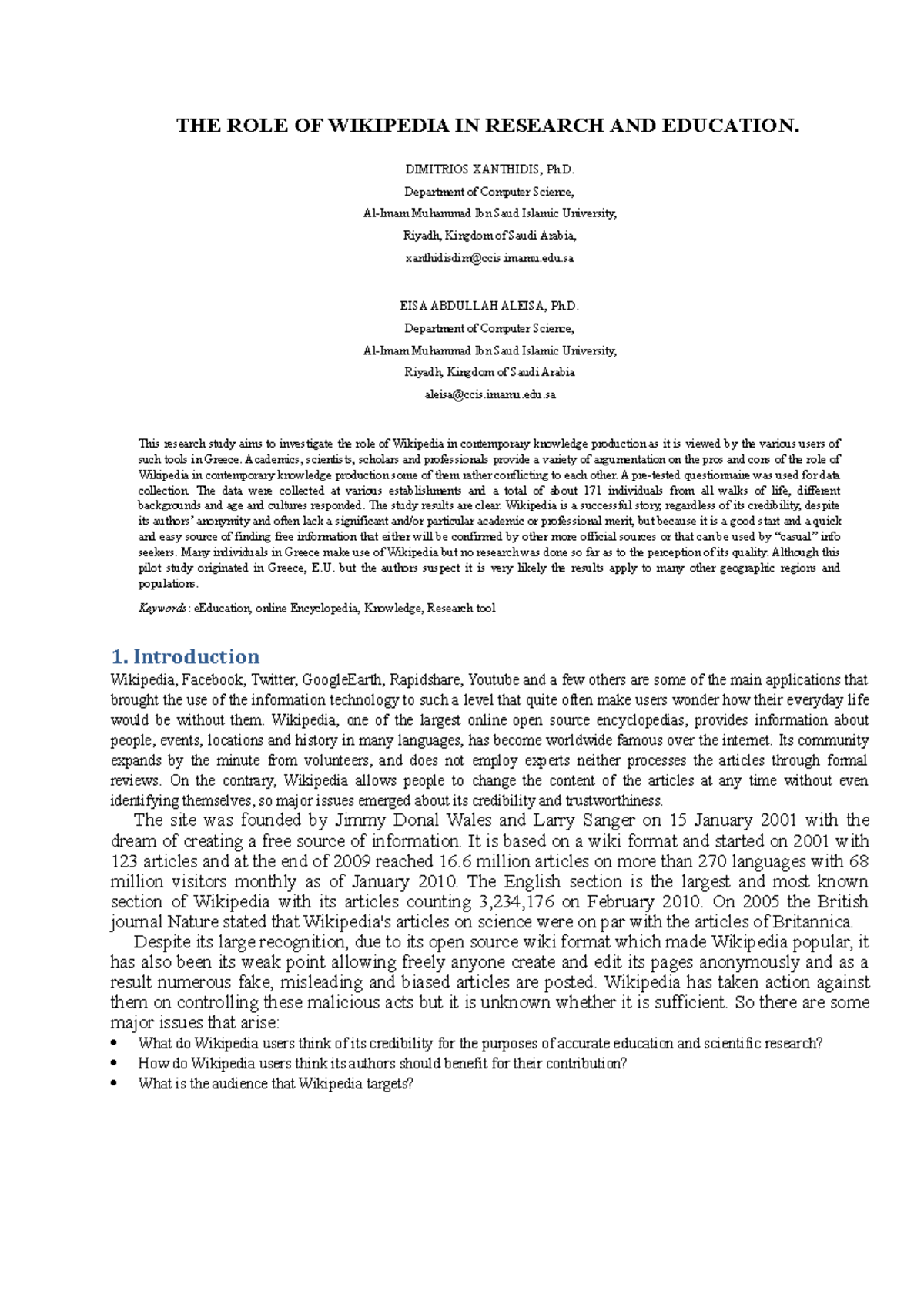 The Role of Wikipedia in Research and Ed - THE ROLE OF WIKIPEDIA IN RESEARCH AND EDUCATION ...