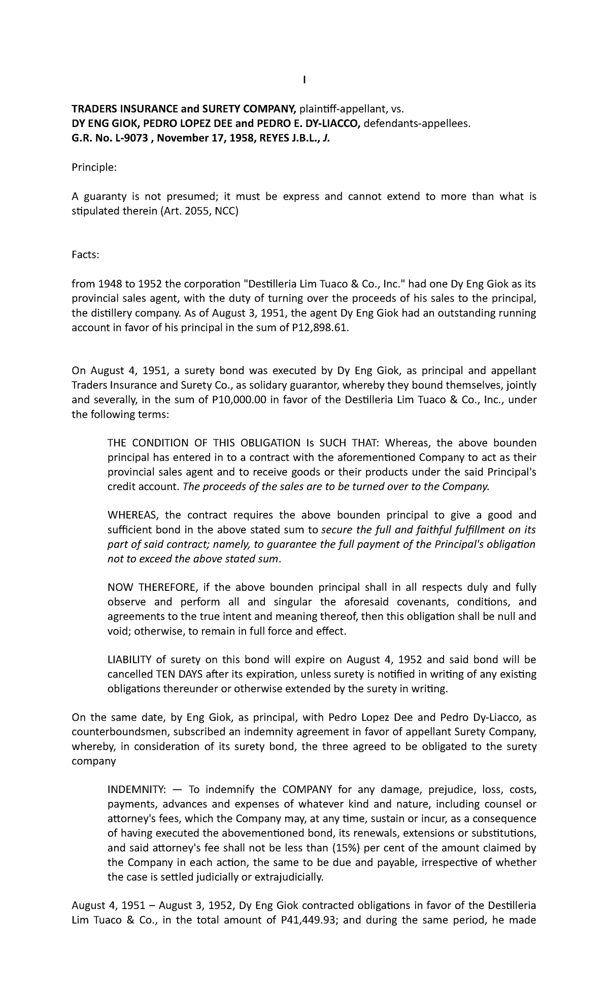 Credit Transaction Case Digest - I TRADERS INSURANCE and SURETY COMPANY ...