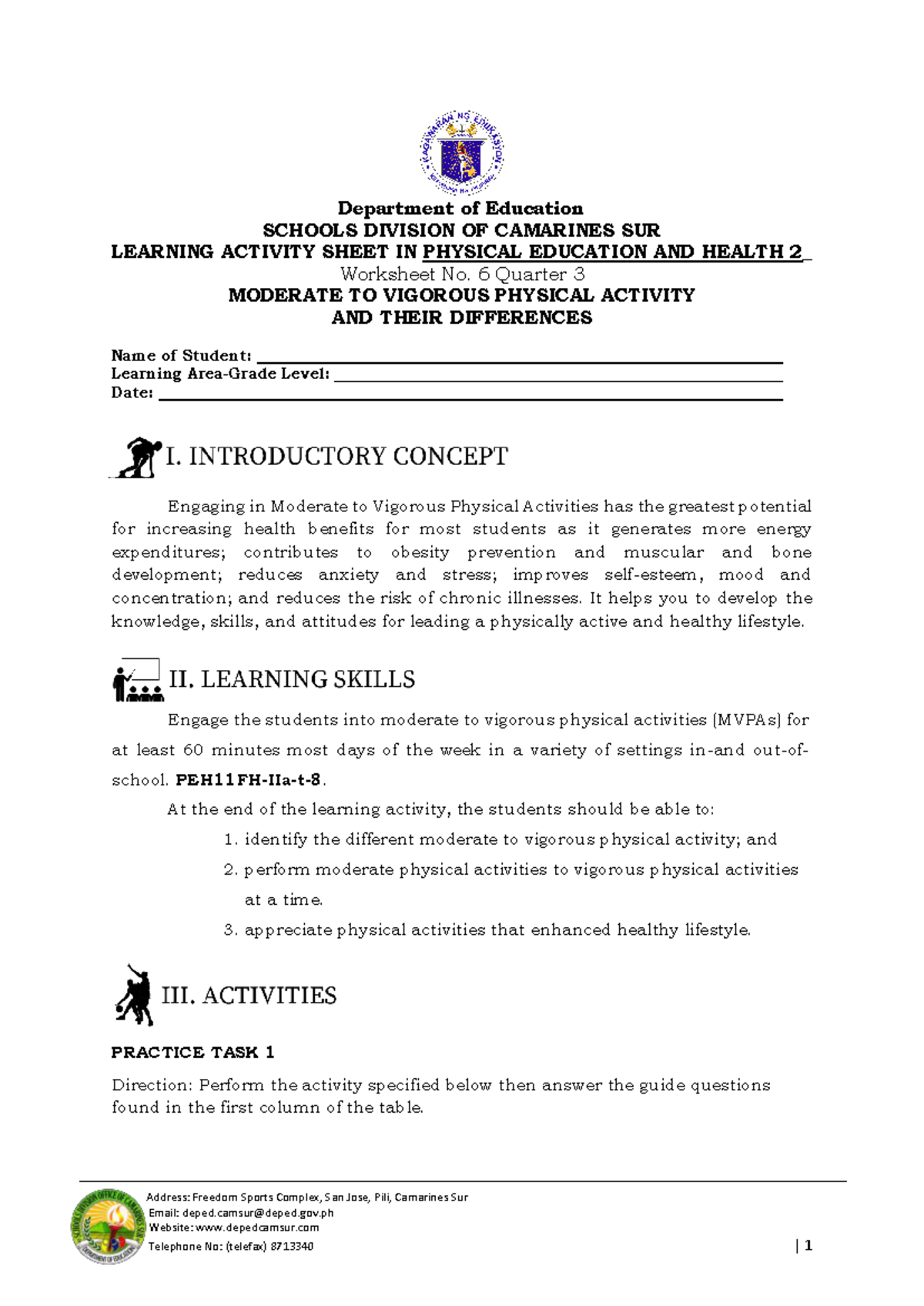 LAS-3 PE Q4 for Grade 11 - Address: Freedom Sports Complex, San Jose ...