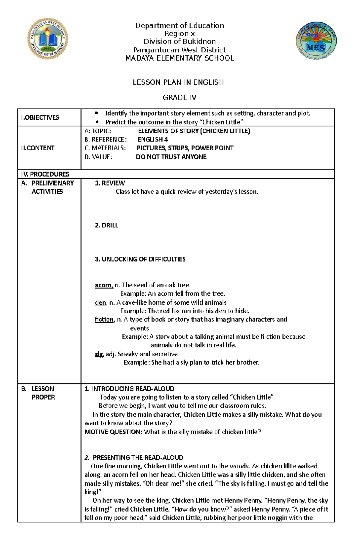 Chicken little lesson plan - Department of Education Region x Division ...