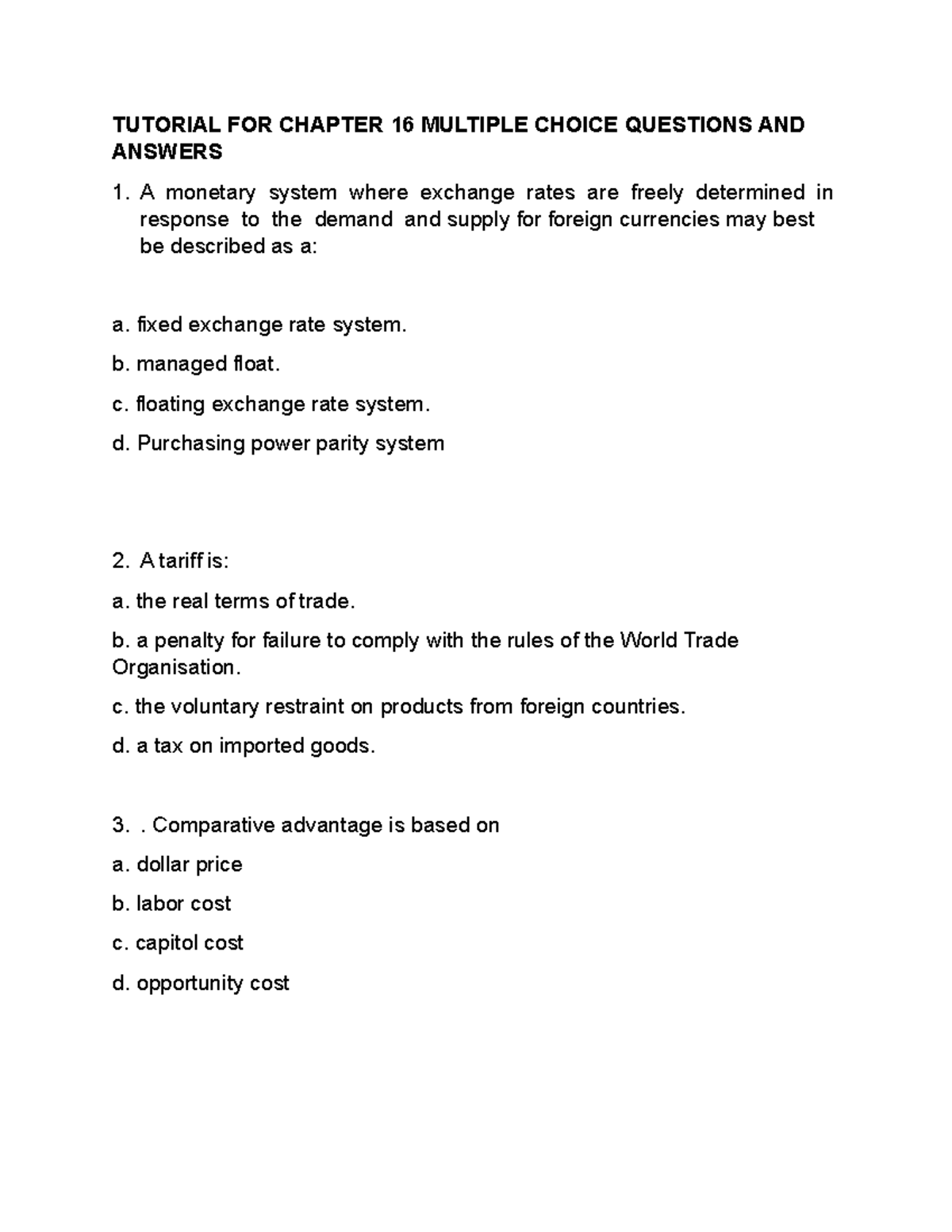 Chapter 16 Multiple Choice Questions AND Answers - TUTORIAL FOR CHAPTER 16 MULTIPLE CHOICE ...