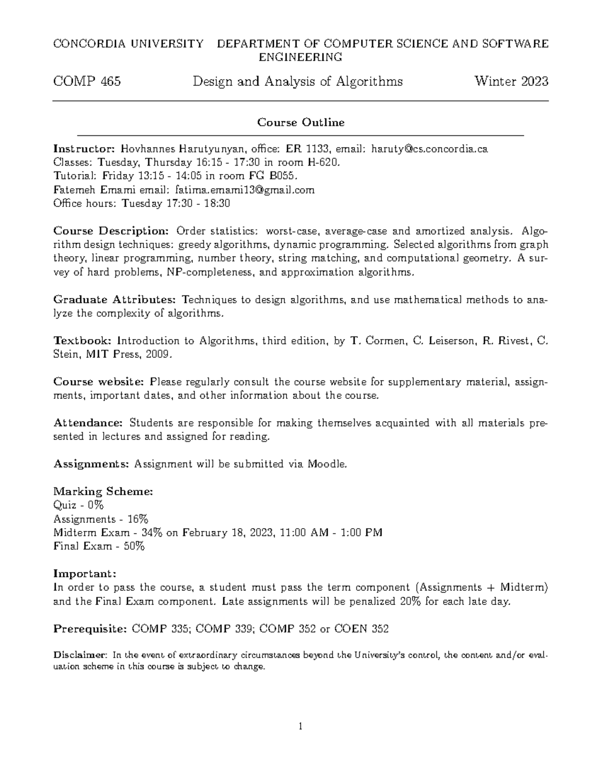 Comp 465 Course Outline Winter 2023 - CONCORDIA UNIVERSITY DEPARTMENT ...