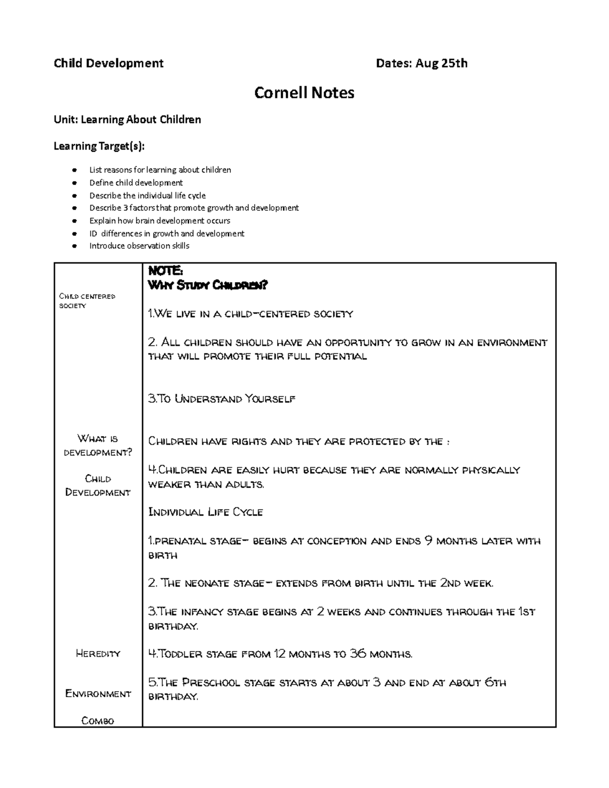 Copy of CD Cornell Notes 2020 - Child Development Dates: Aug 25th ...