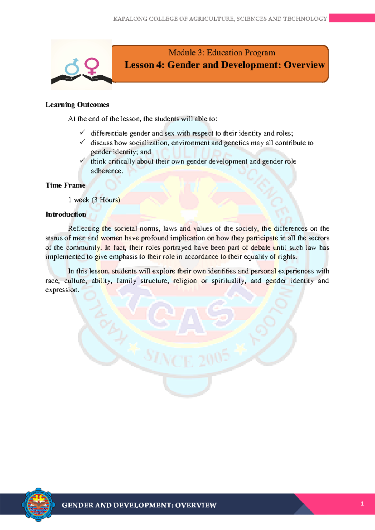 Module 3 - Lesson 4 - Summary BSEd Mathematics - Module 3: Education Program Lesson 4: Gender ...
