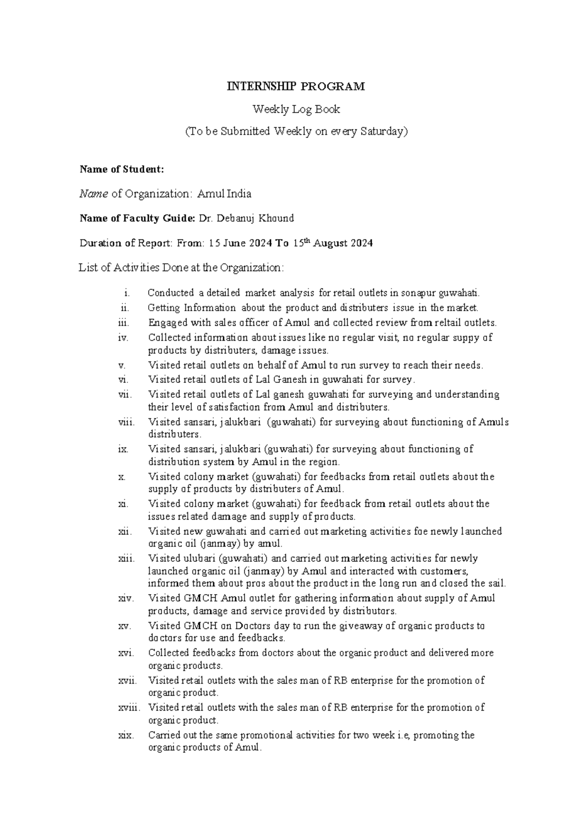 Work book (1) - Highlight of internship report - INTERNSHIP PROGRAM ...