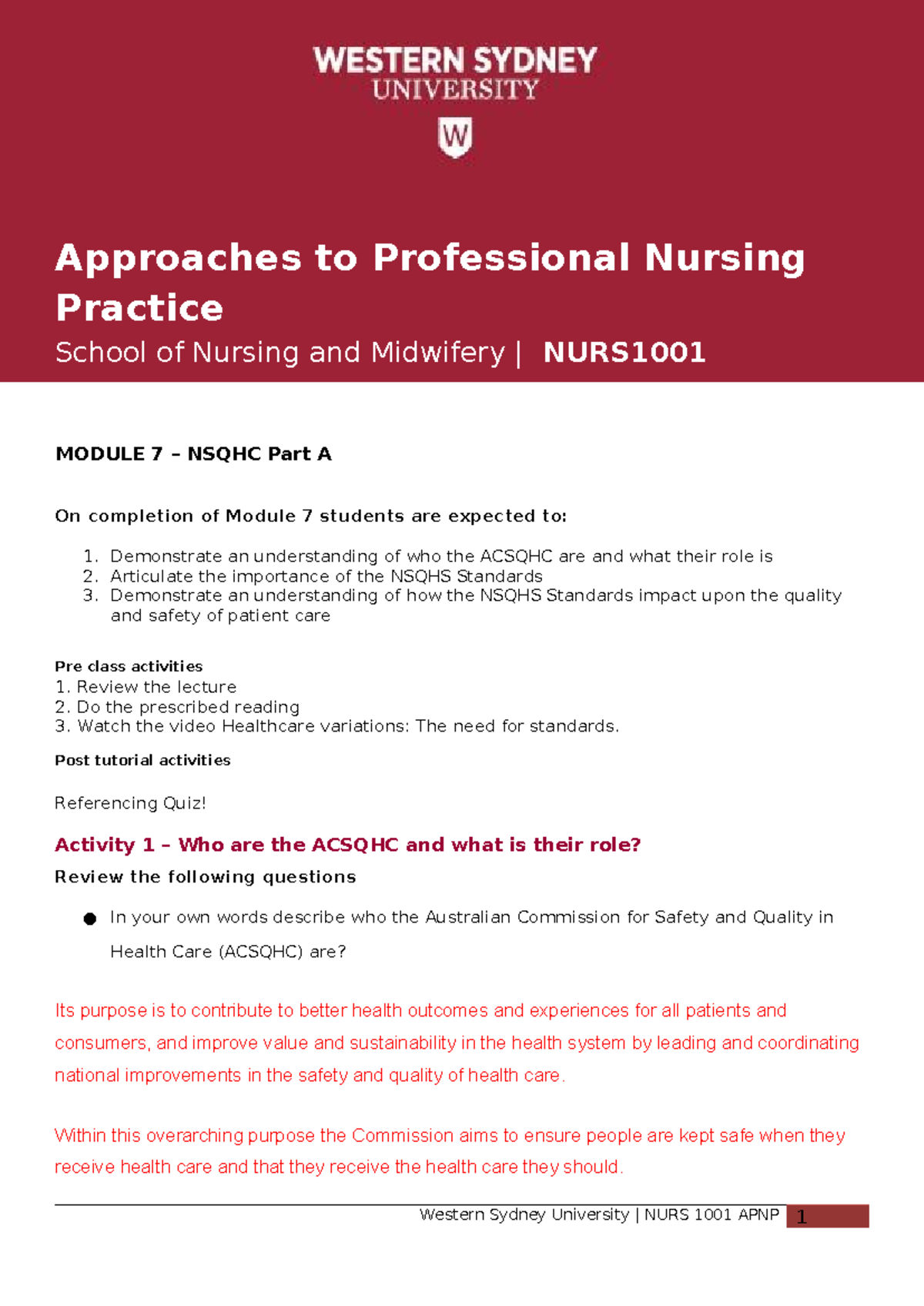 Module 7 Nsqhs Part A student guide - Approaches to Professional ...