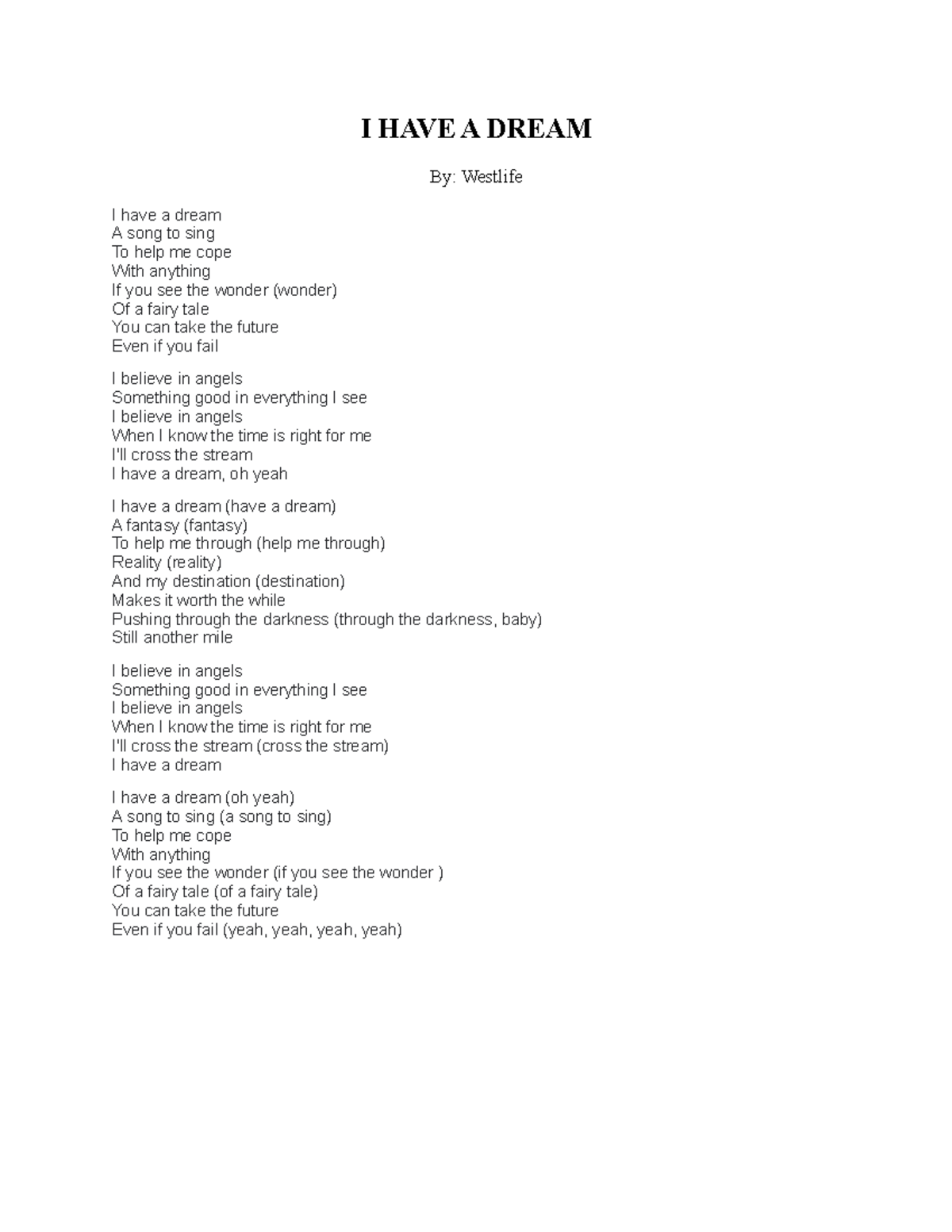 I HAVE A Dream - This is my assingment - I HAVE A DREAM By: Westlife I ...