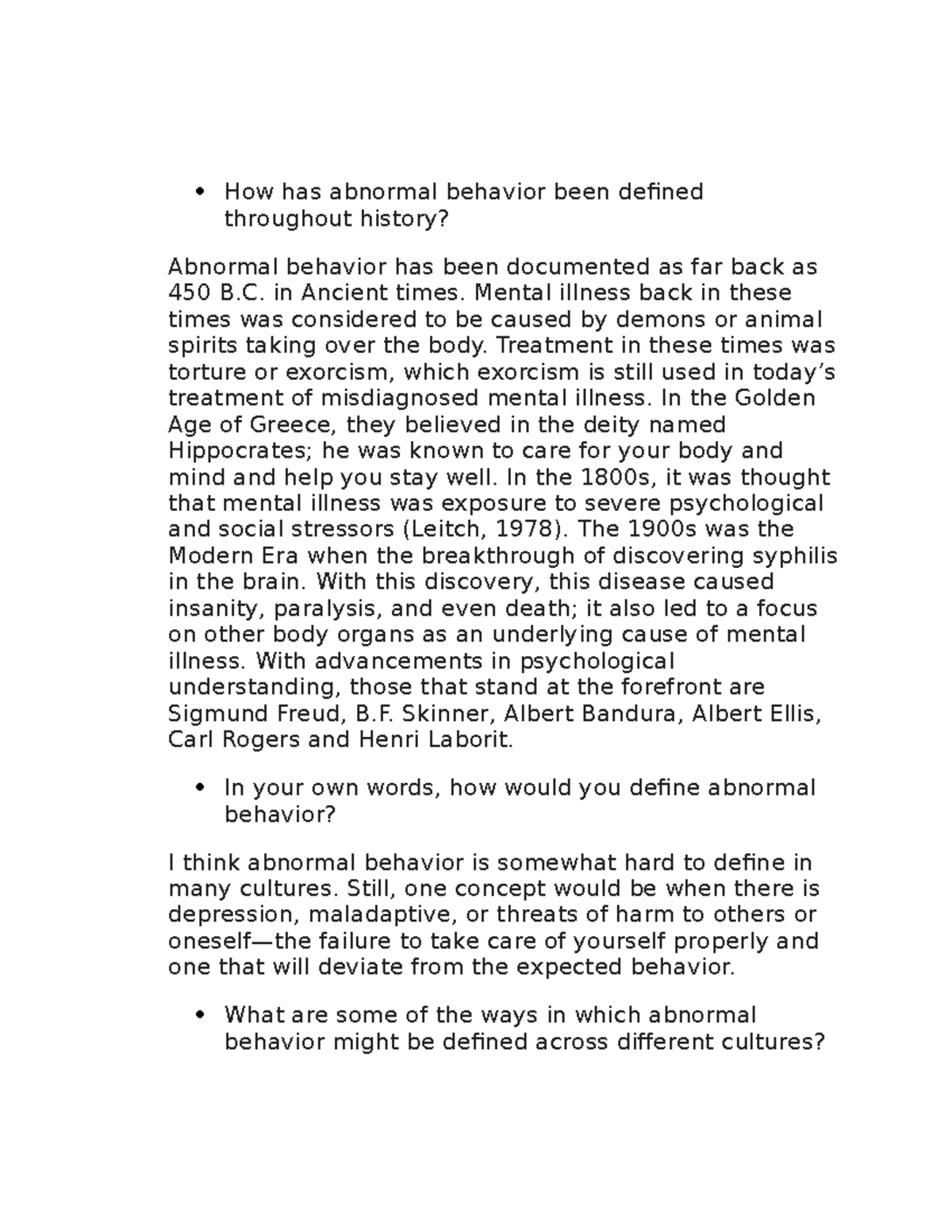 Discussion 111 - How has abnormal behavior been defined throughout ...