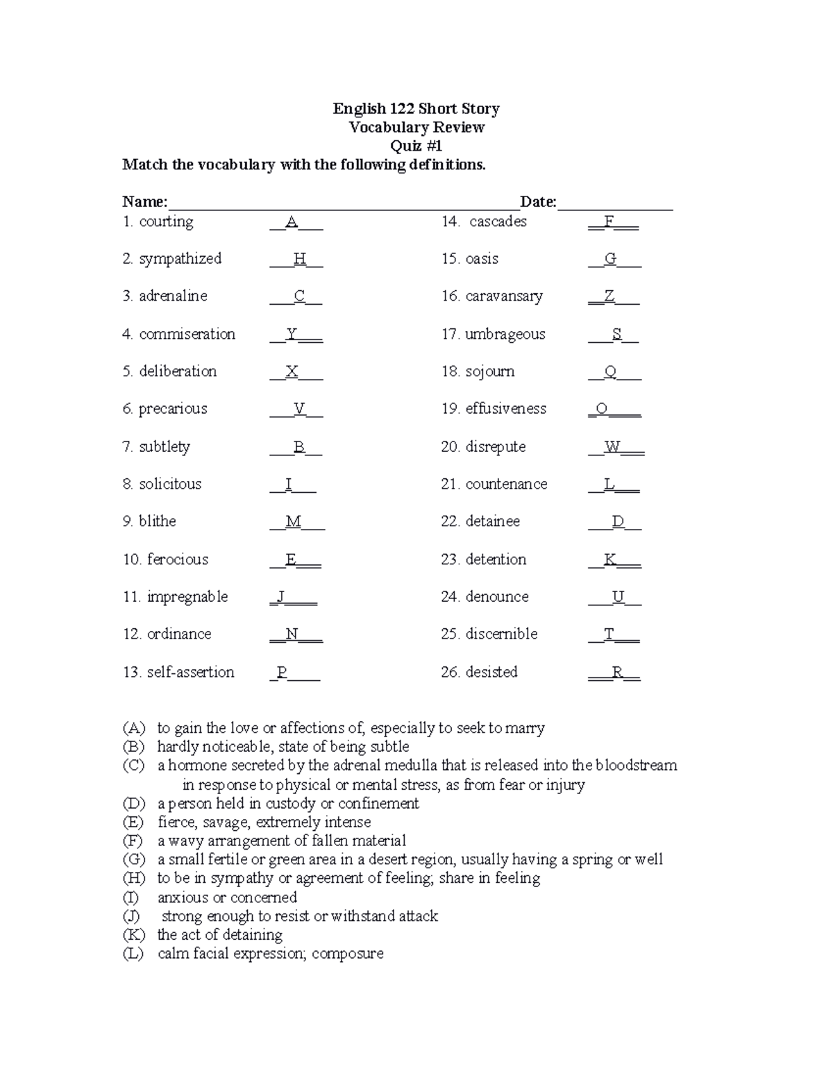 Vocabulary review quiz answers - English 122 Short Story Vocabulary ...